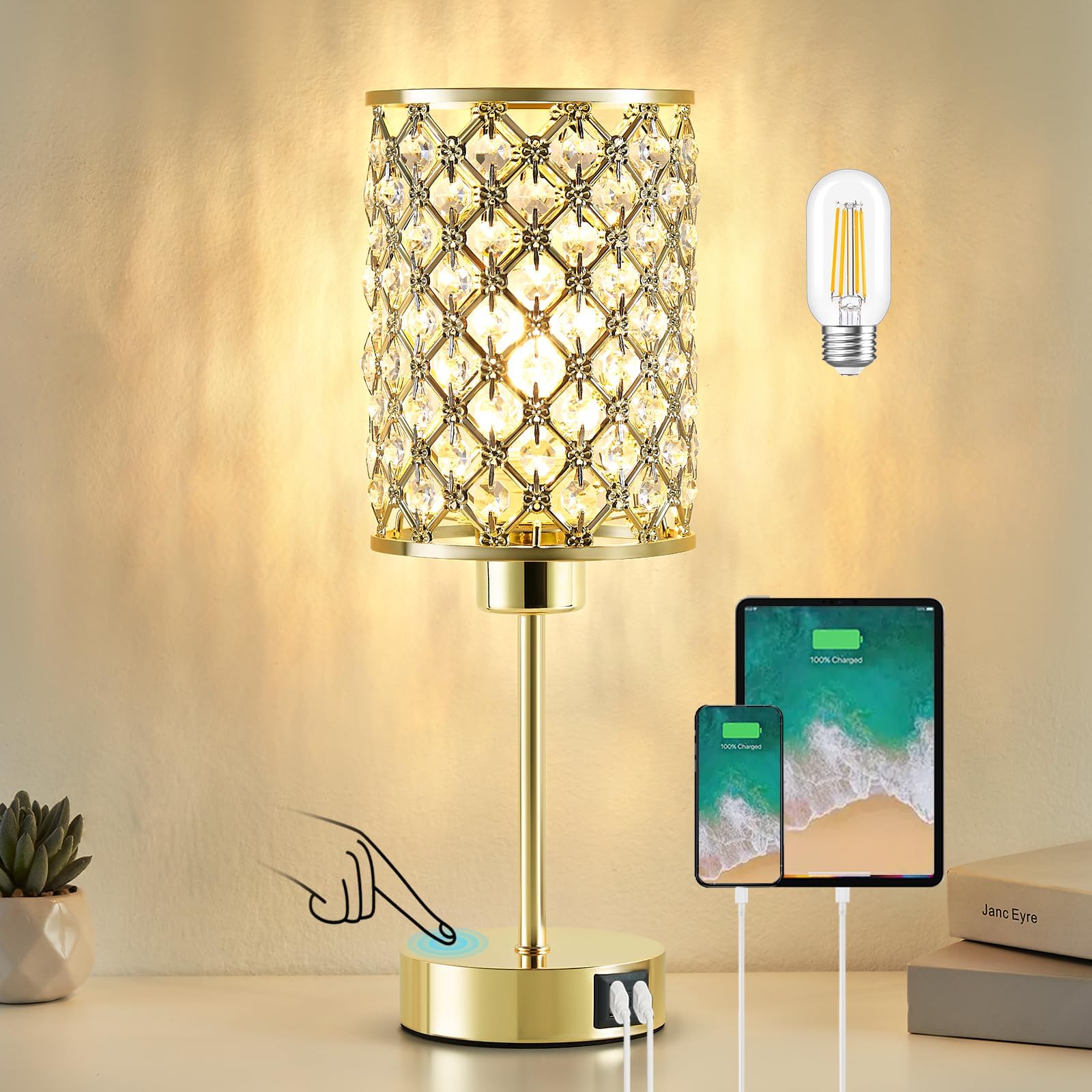 ZEEFO Crystal Table Lamp, Nightstand Decorative Room Desk Lamp, Night ...