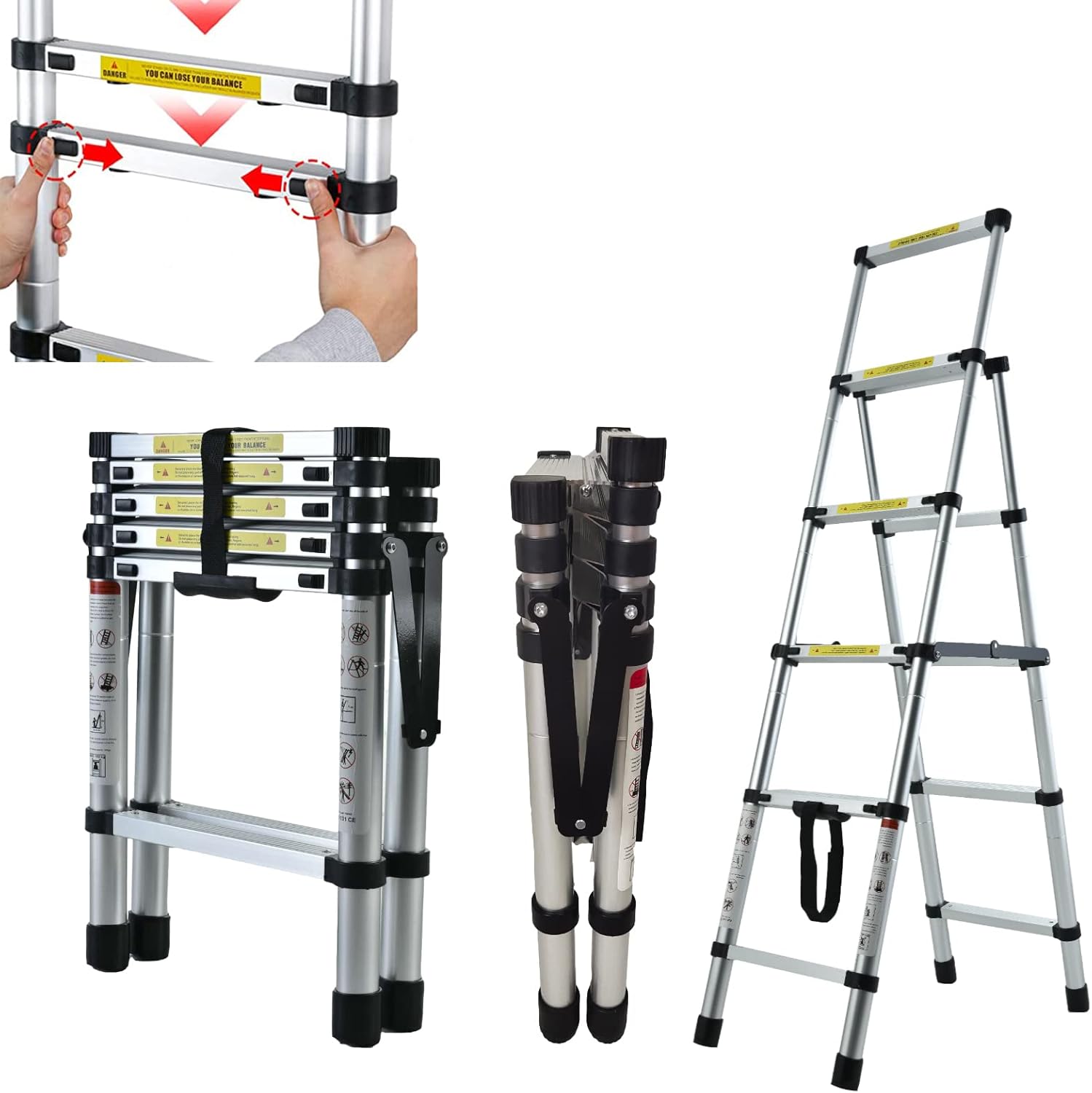 Aluminium Ladder 5.5FT Telescoping Ladder, A-Frame Extension Ultra ...