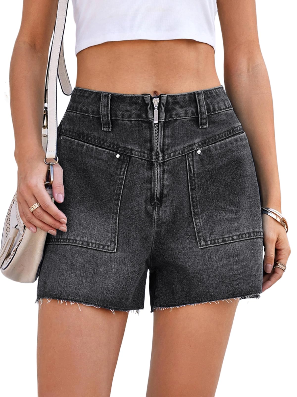 Size S--Cicy Bell Women's High Waisted Jean Shorts Casual Raw Hem Zip ...