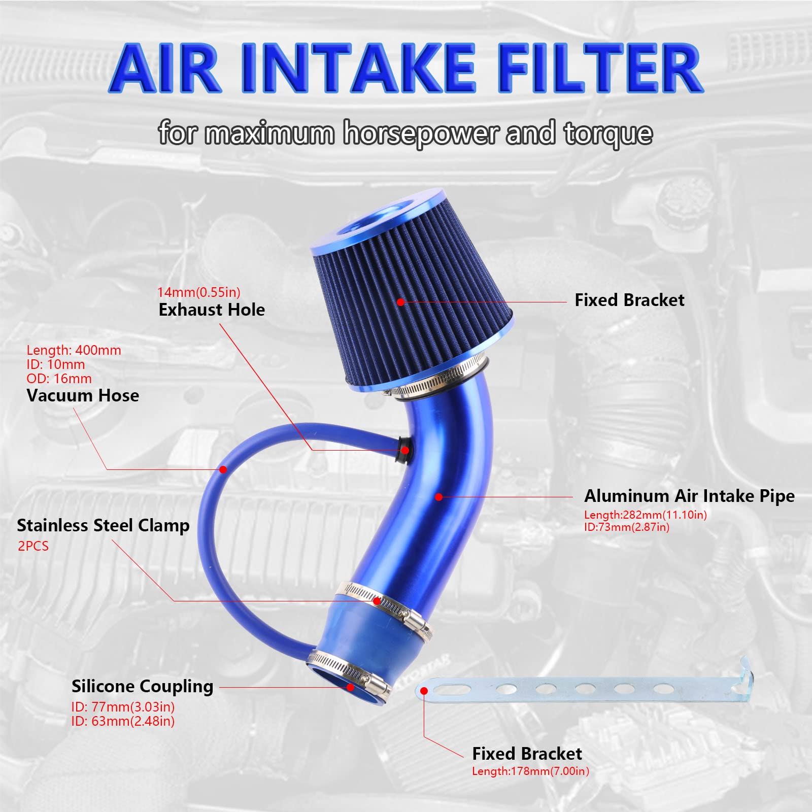 BAGARAATAN 3" Universal Car Cool Air Intake Kit Aluminum Automotive ...