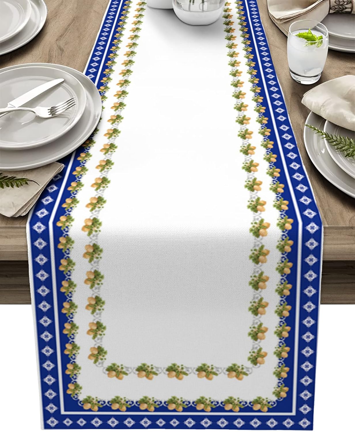 Amazon.com: Cotton Linen Table Runner Summer Lemon Ceramic Tile Blue ...