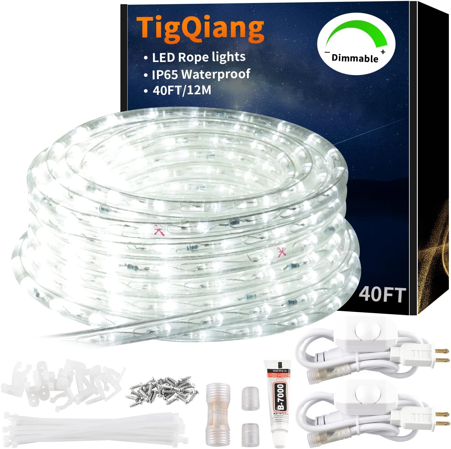 Amazon.com: YQNLIFA Dimmable 40ft LED Rope Lights, 432 LEDs IP65 ...