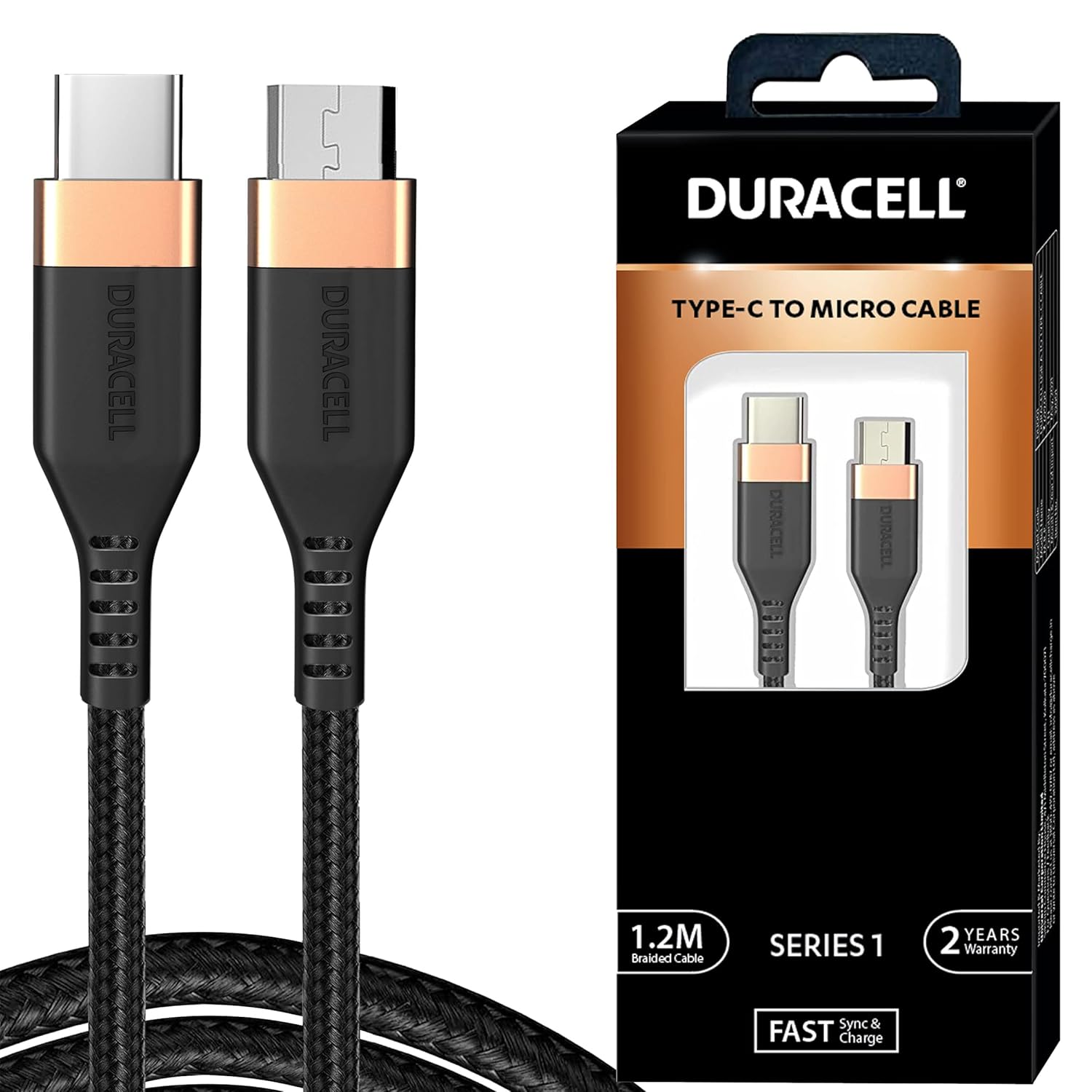 Duracell Type-C To Micro Cable, 2A Braided Sync & Quick Charging Cable ...