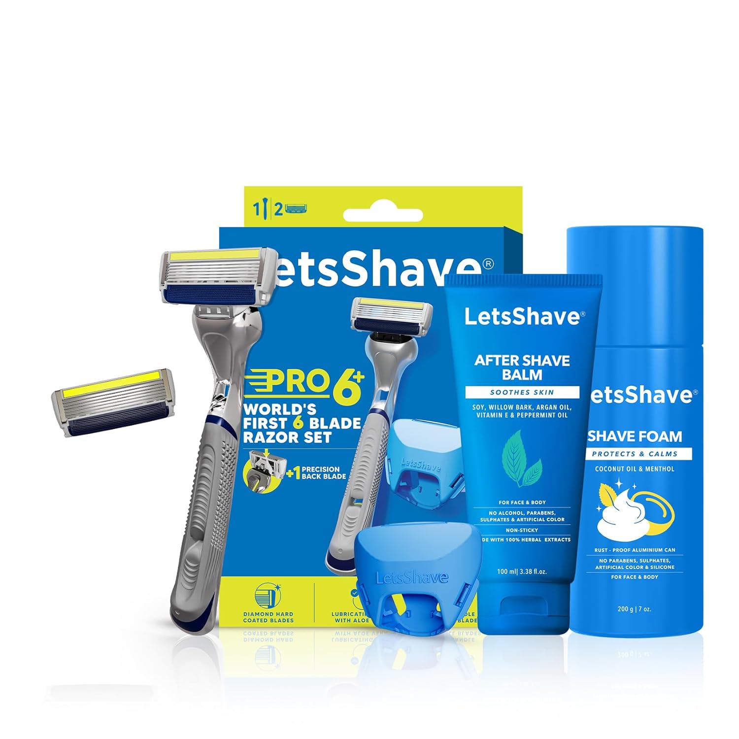 LetsShave Pro 6 Plus Shaving Kit for Men, 1 handle + 2 Blades + After Shave Balm & Shaving Foam ...