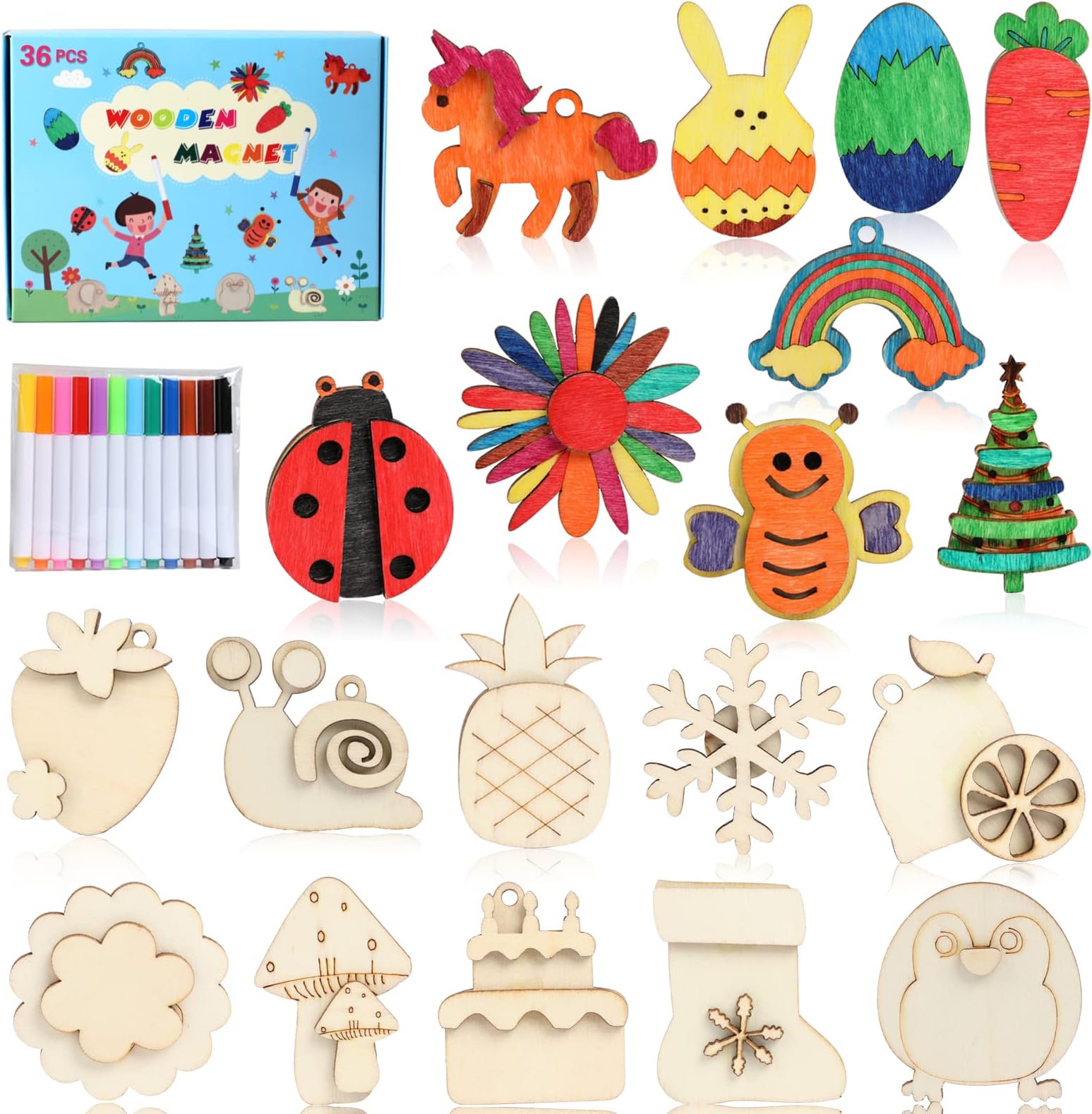 Amazon.com: Glintoper 30 Wooden Magnet Painting Craft Kit, Paint Your ...