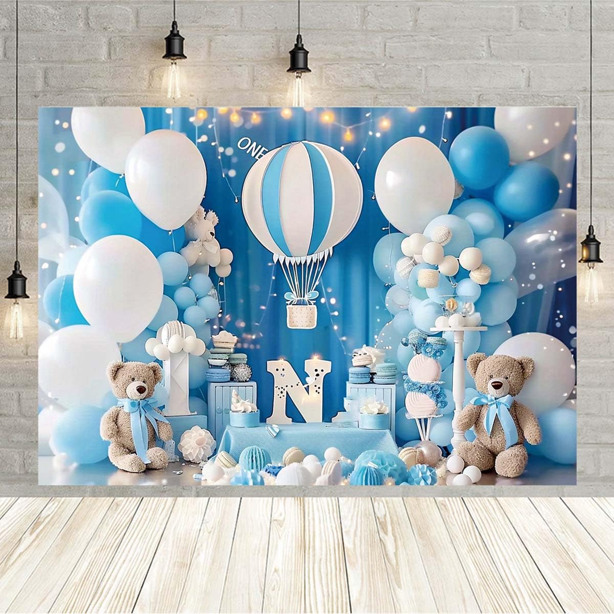 Teddy Bear Backdrop Baby Bear Balloons Backdrop - We Can Bearly Wait ...