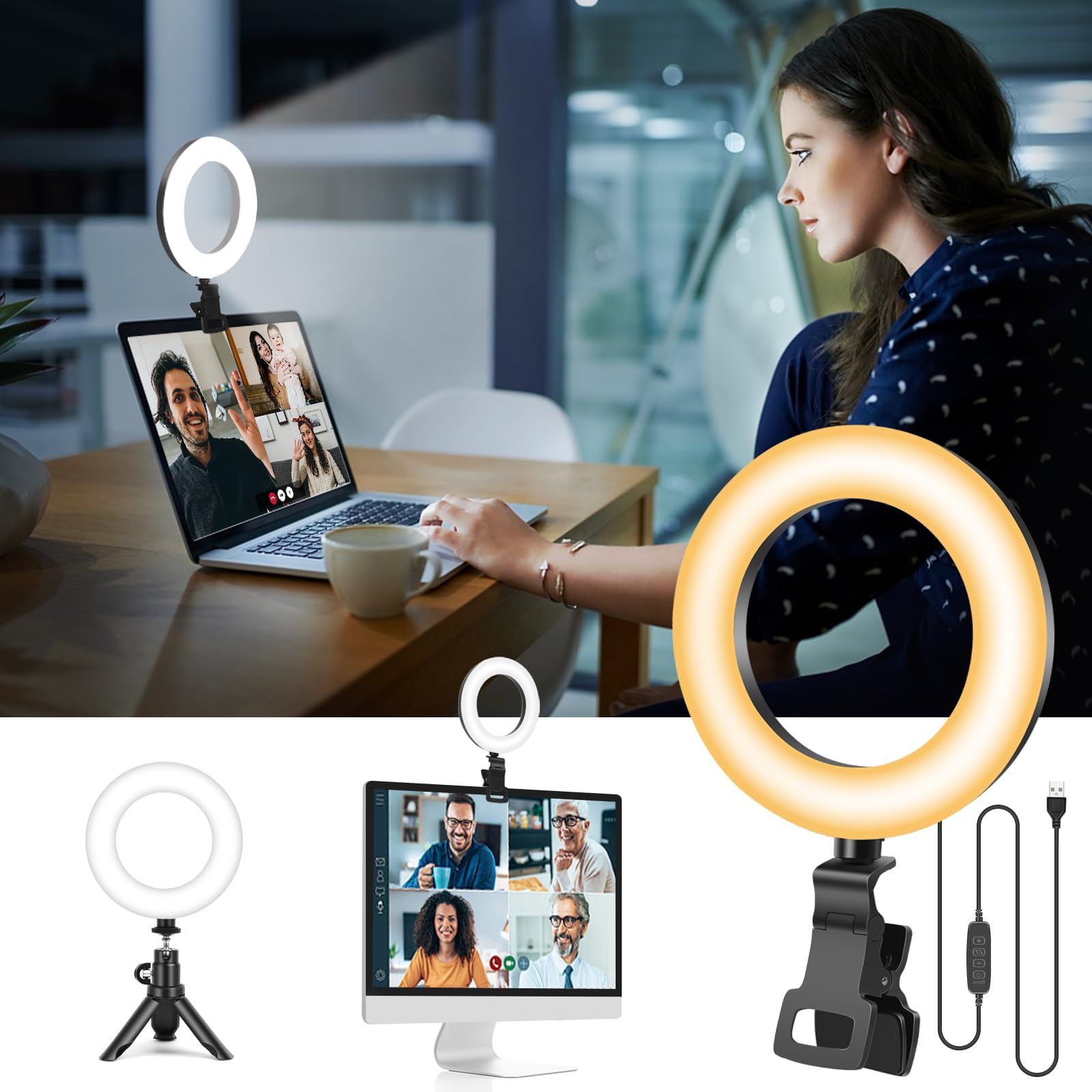 Ring Light with Tripod Stand & Clip for Laptop Computer Webcam Monitor ...
