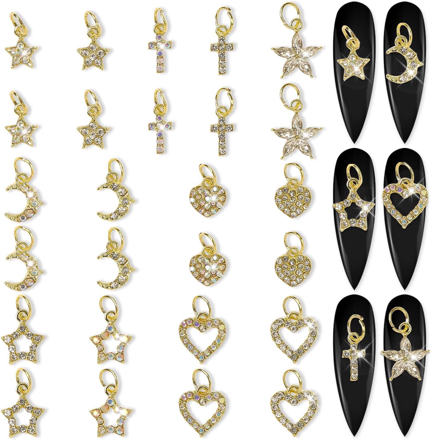 Amazon.com: SILPECWEE 26pcs 3D Nail Charms Dangle Gold Jewels Heart ...