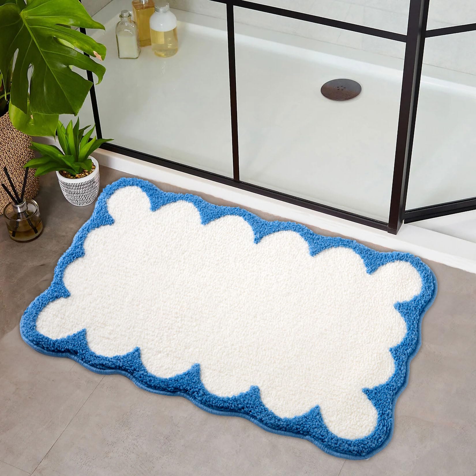 Amazon.com: Urtlmaji Scalloped Bath Mats Blue Bathroom Rugs Non Slip ...