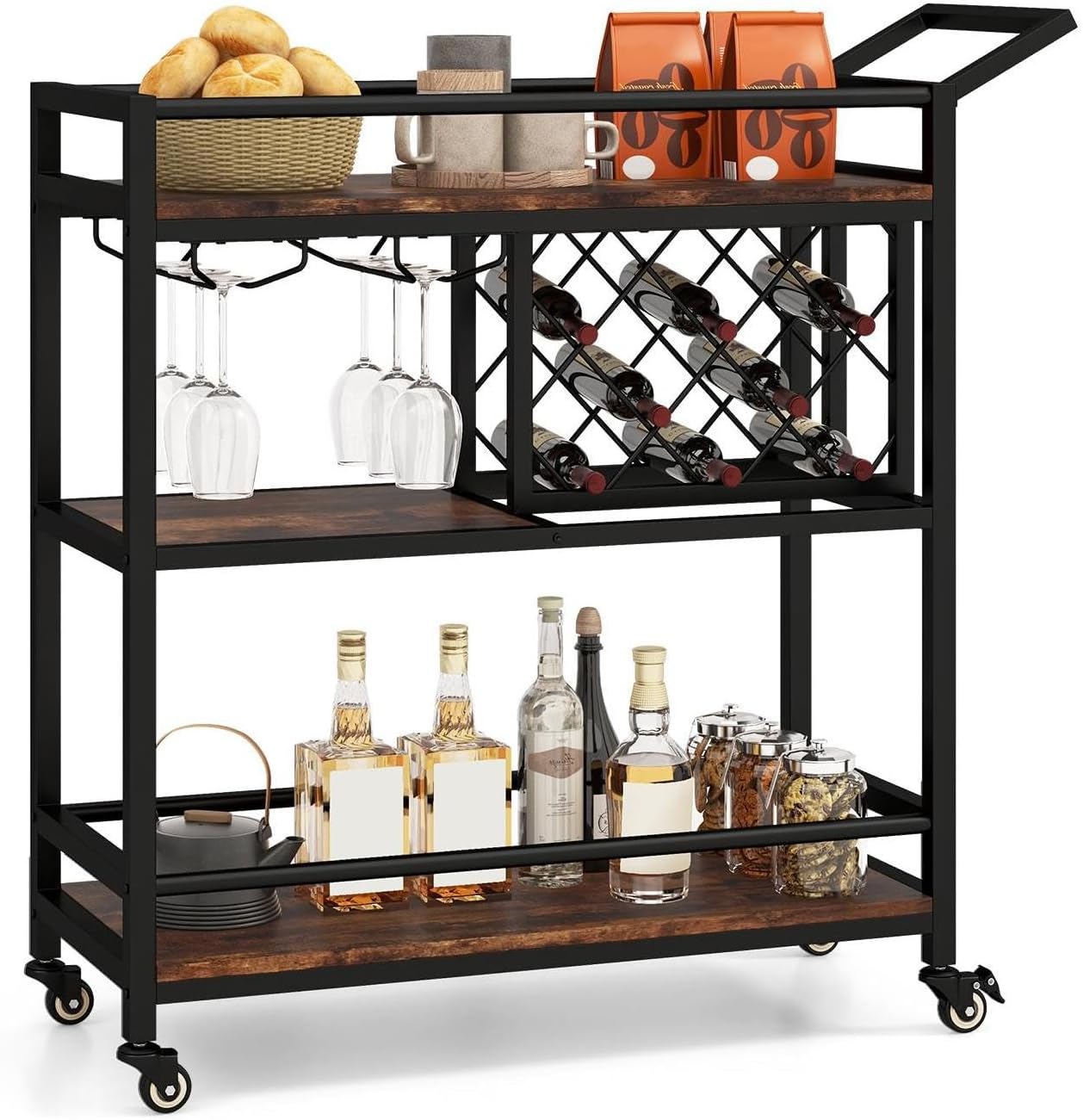 TANGZON 3 Tier Serving Cart, Rolling Drinks Trolley with Wine Rack ...
