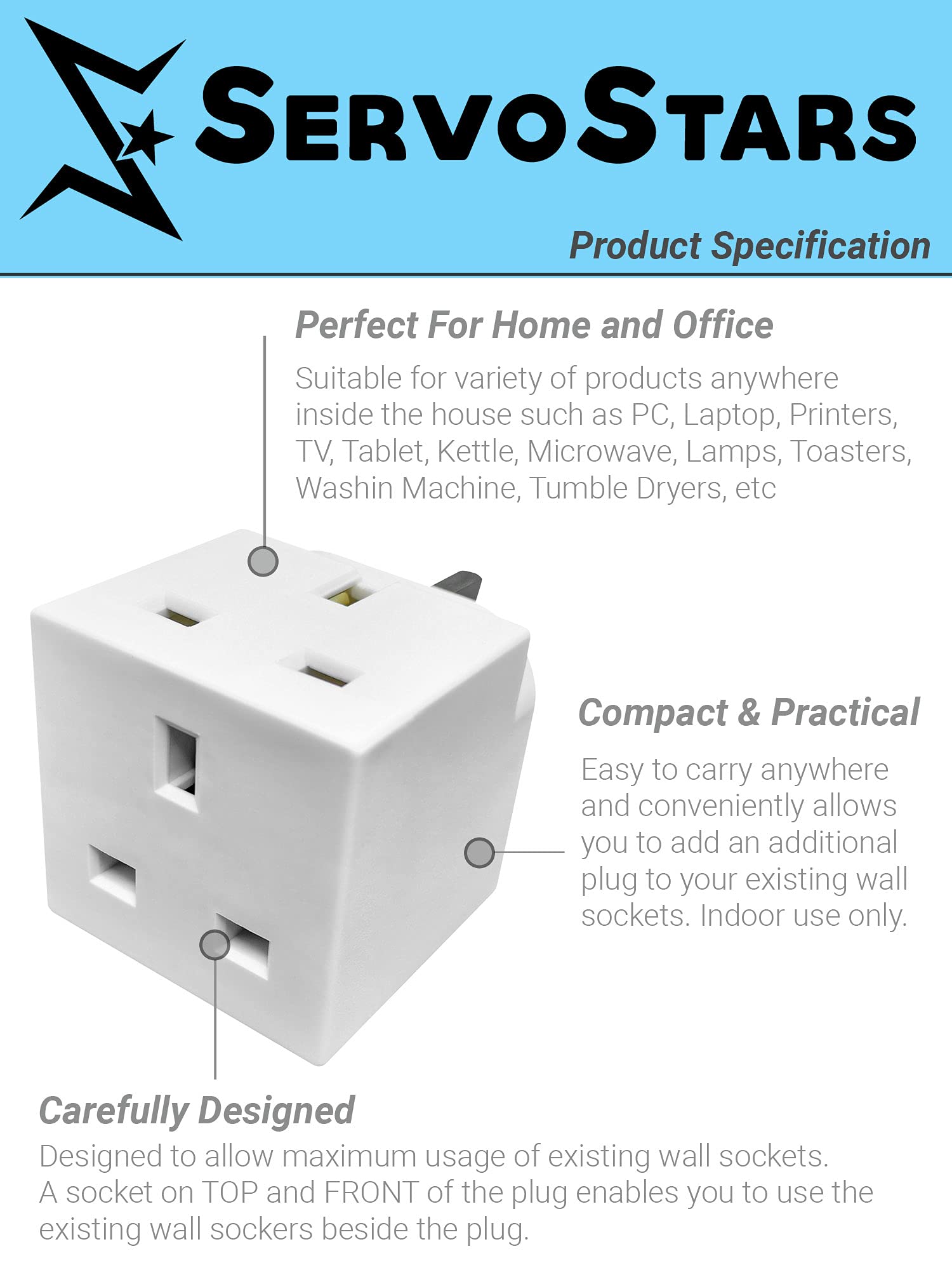 Buy 2 Way Multi Plug Adaptor - 3 Pin UK Socket Extender - Power Cube ...