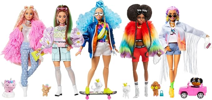 Amazon.com: Barbie Extra 5-Doll Set with 6 Pets and 70 Styling Pieces