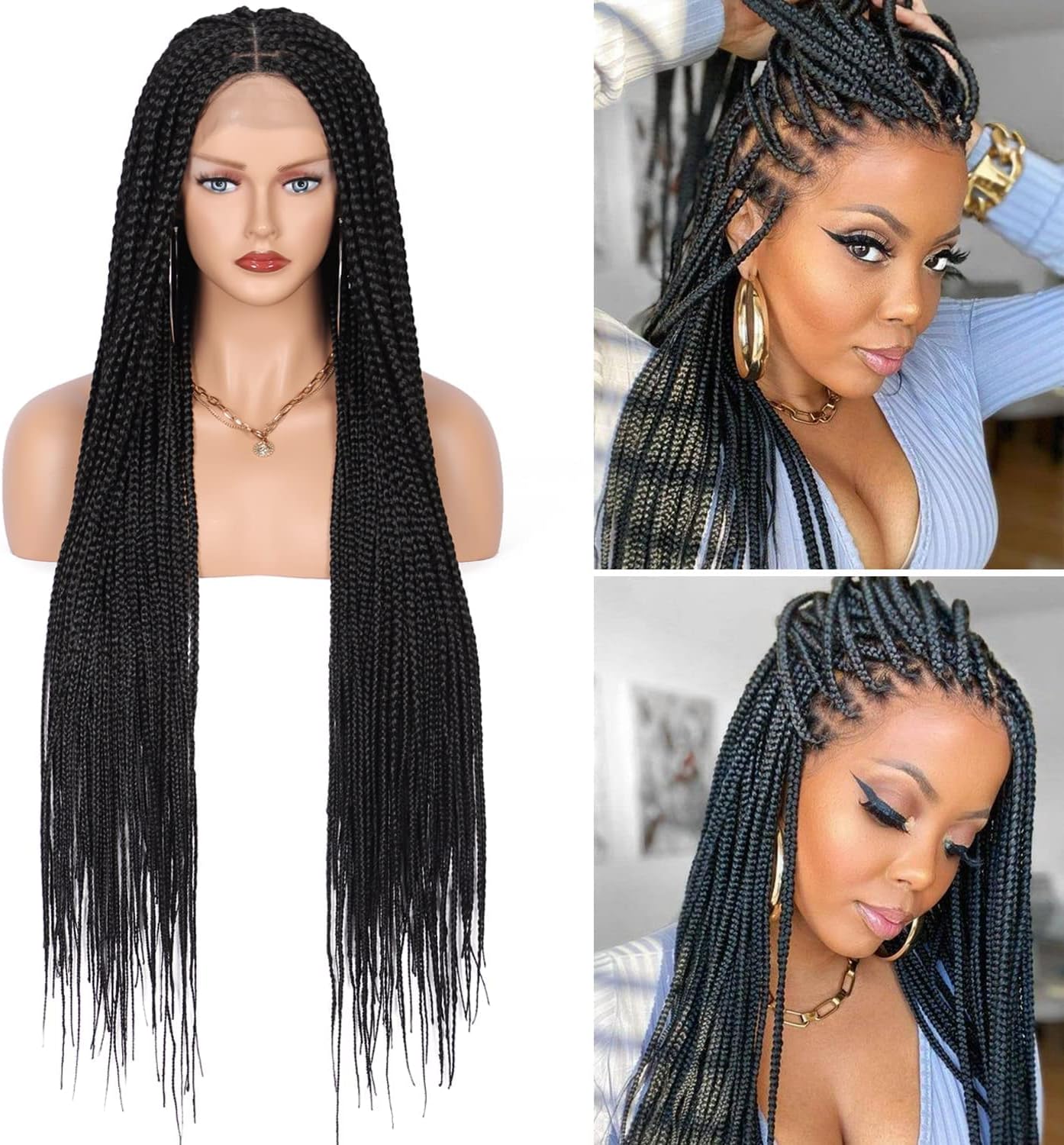 Kalyss 36" Knotless Box Braided Wigs Embroidery Full Double Lace Front ...