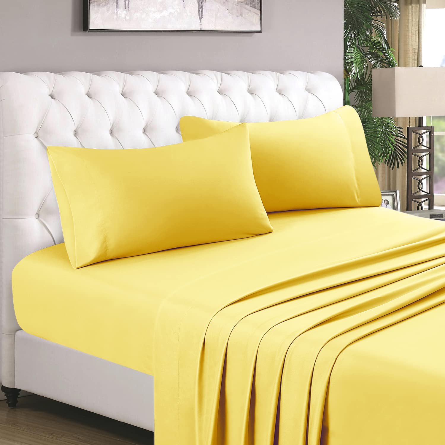 Amazon.com: HOMEIDEAS 4 Piece Bed Sheets Set (Queen, Yellow), 1800 ...