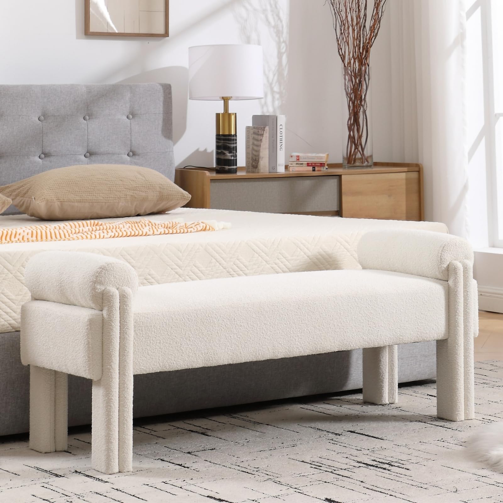 Amazon.com: ROCITY White Boucle End of Bed Bench 53 Inch Long Ottoman ...