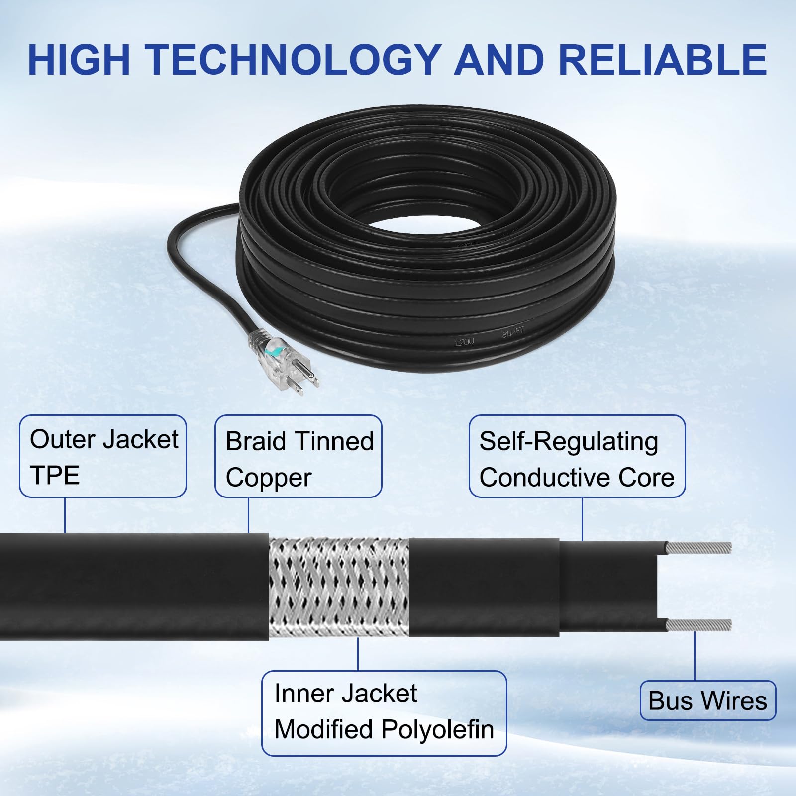 Rylpoint 100FT Roof Snow De-Icing, Deicing Heating Cable,Pipe (Metal ...