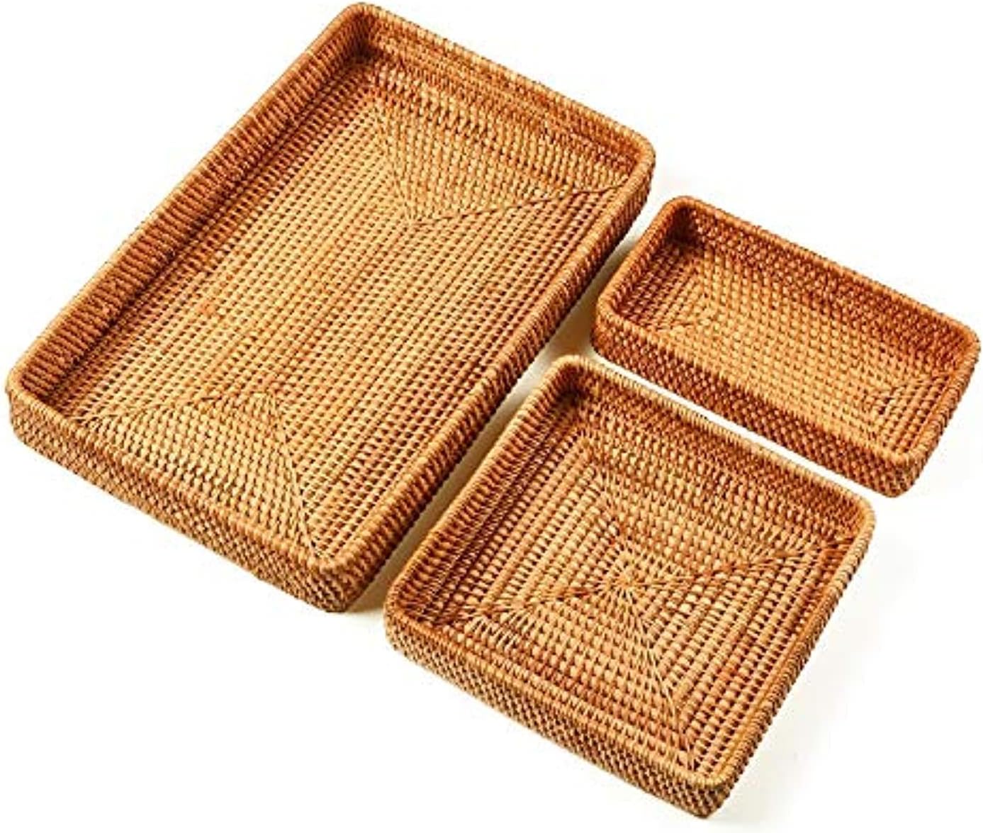 Amazon.com: i-lan Set of 3 Natural Rattan Rectangle Tabletop Serving ...