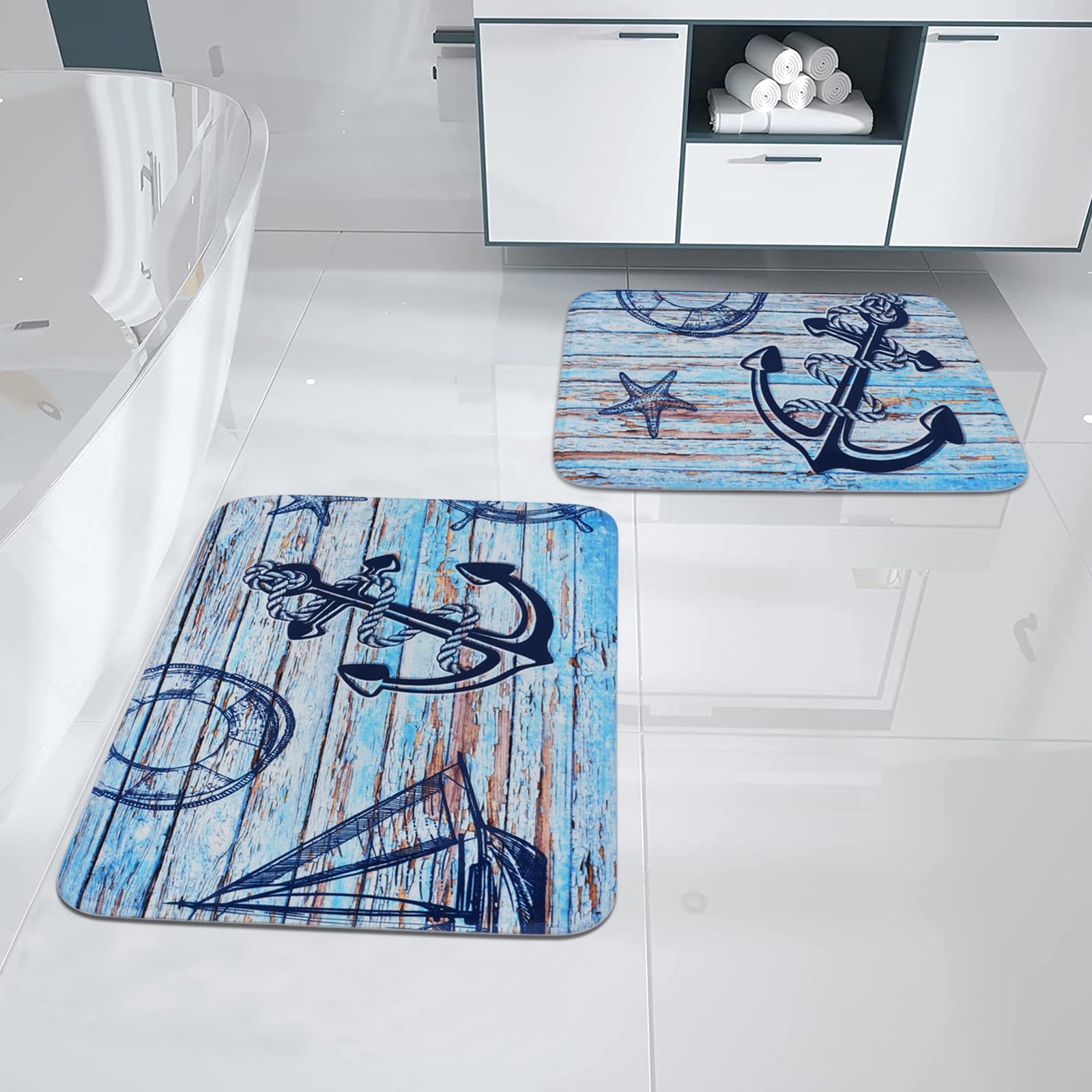 2 Pieces Bathroom Rugs Set, Soft Absorbent Anchor Bath Mat for Bathroom ...