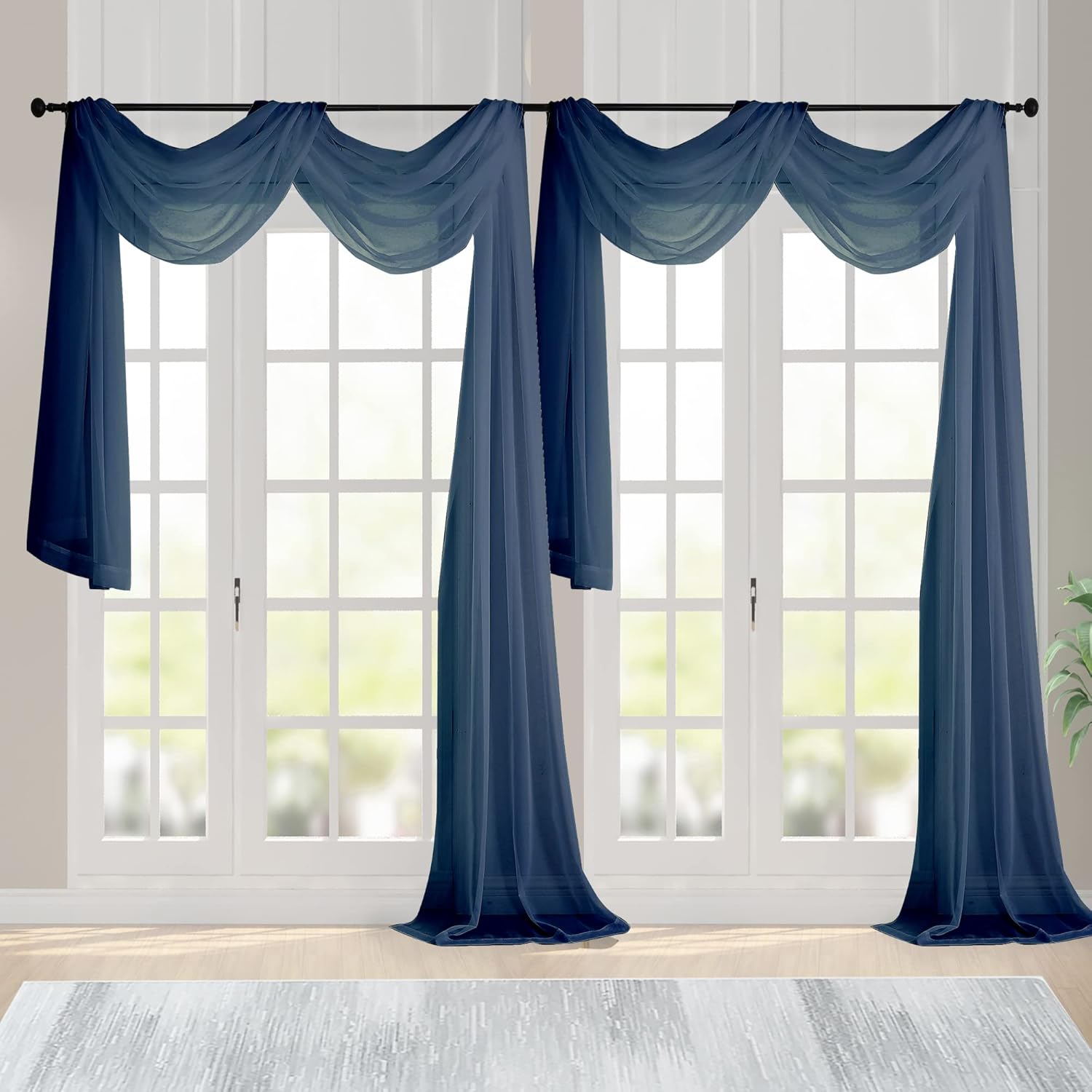 Amazon.com: Chyhomenyc Navy Blue Sheer Scarf Valances for Windows 216 ...