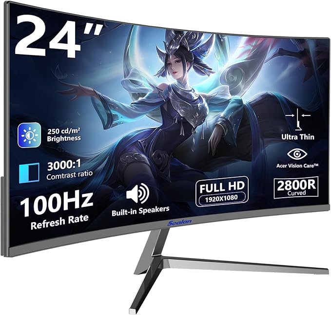 Sealan 24 Inch Curved Monitor 16:9 Aspect Ratio 100HZ FHD LED Display ...