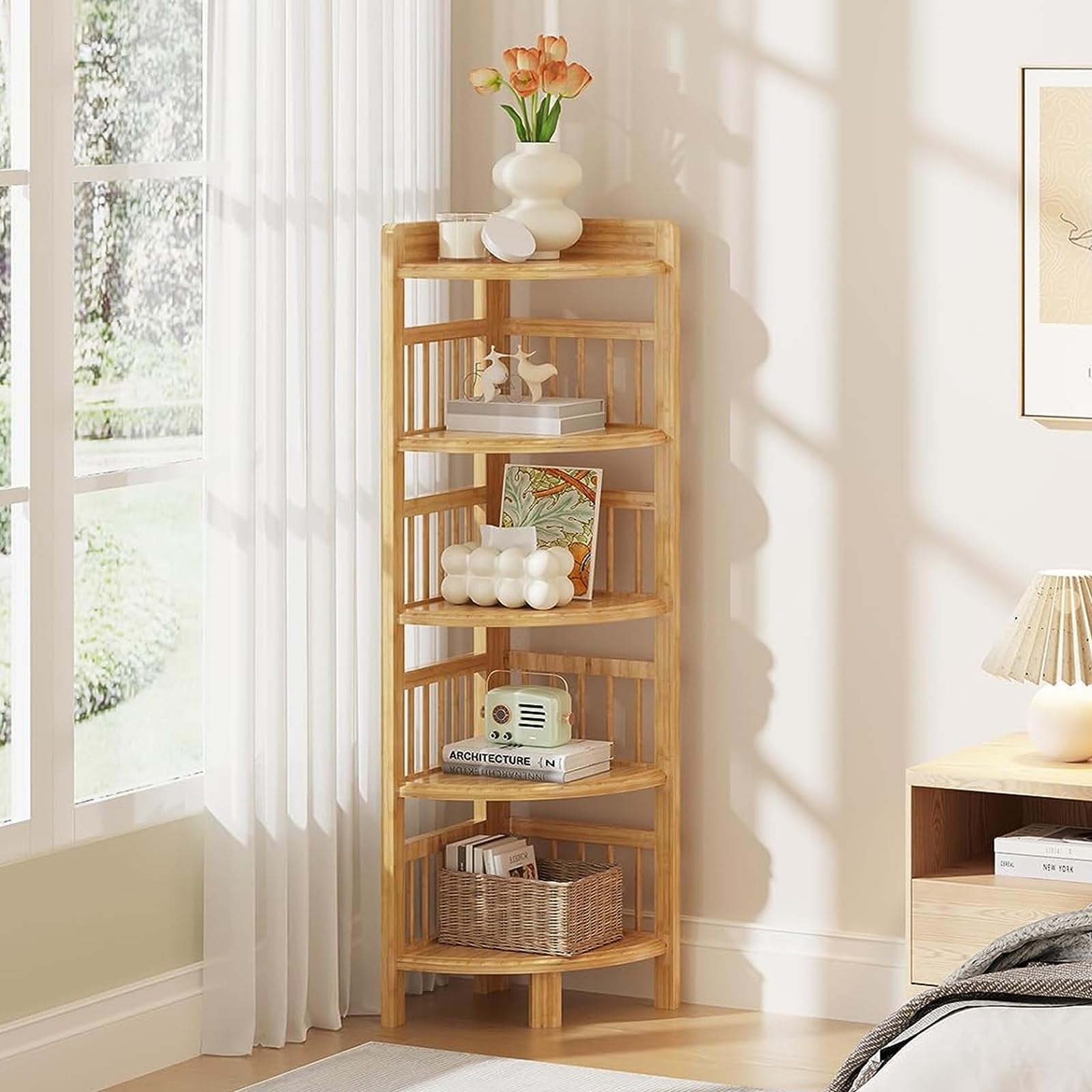 Dripex Bamboo Corner Shelves Free Standing Shelf Floor Storage Unit for ...