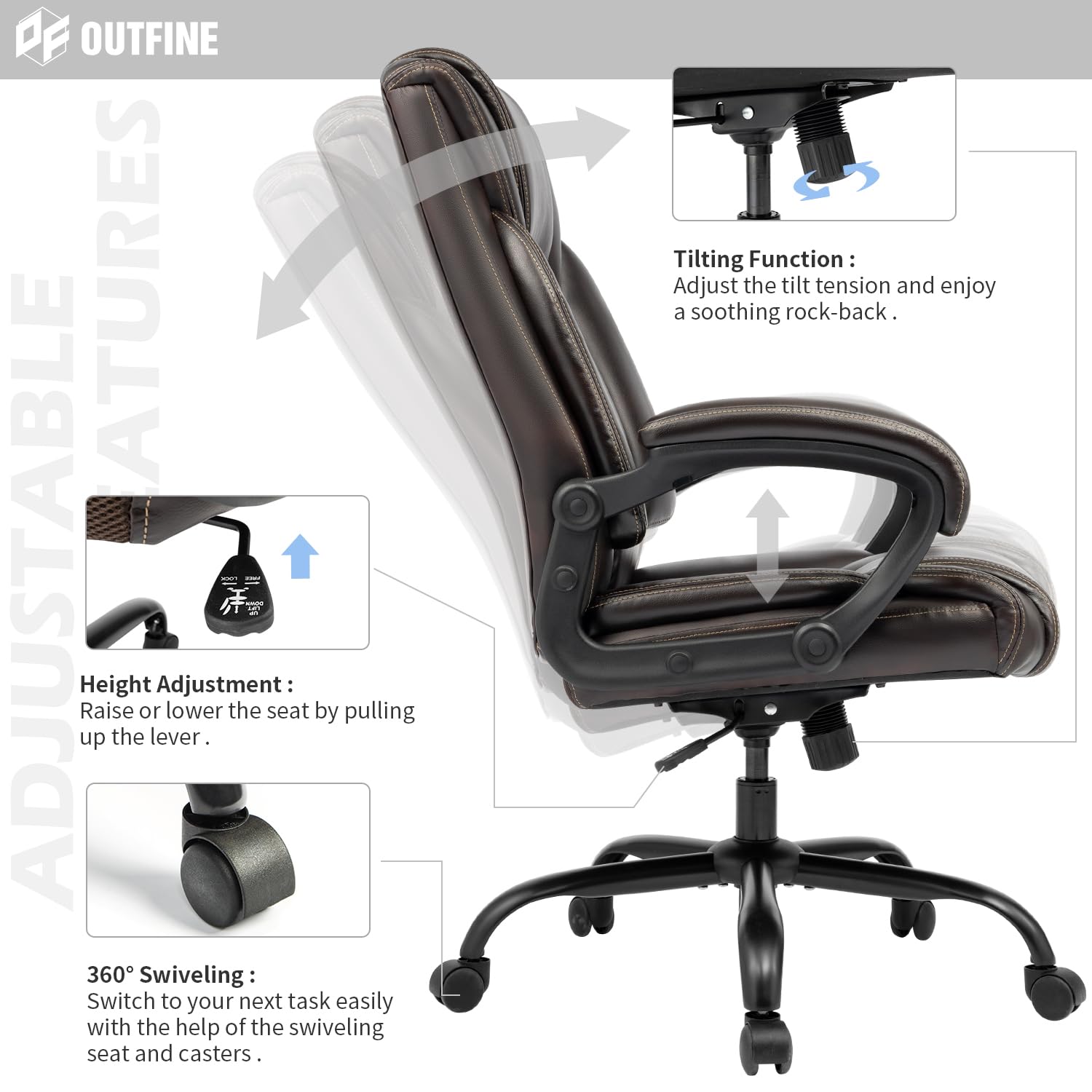 Snapklik.com : OUTFINE High Back Leather Executive Chair Adjustable ...
