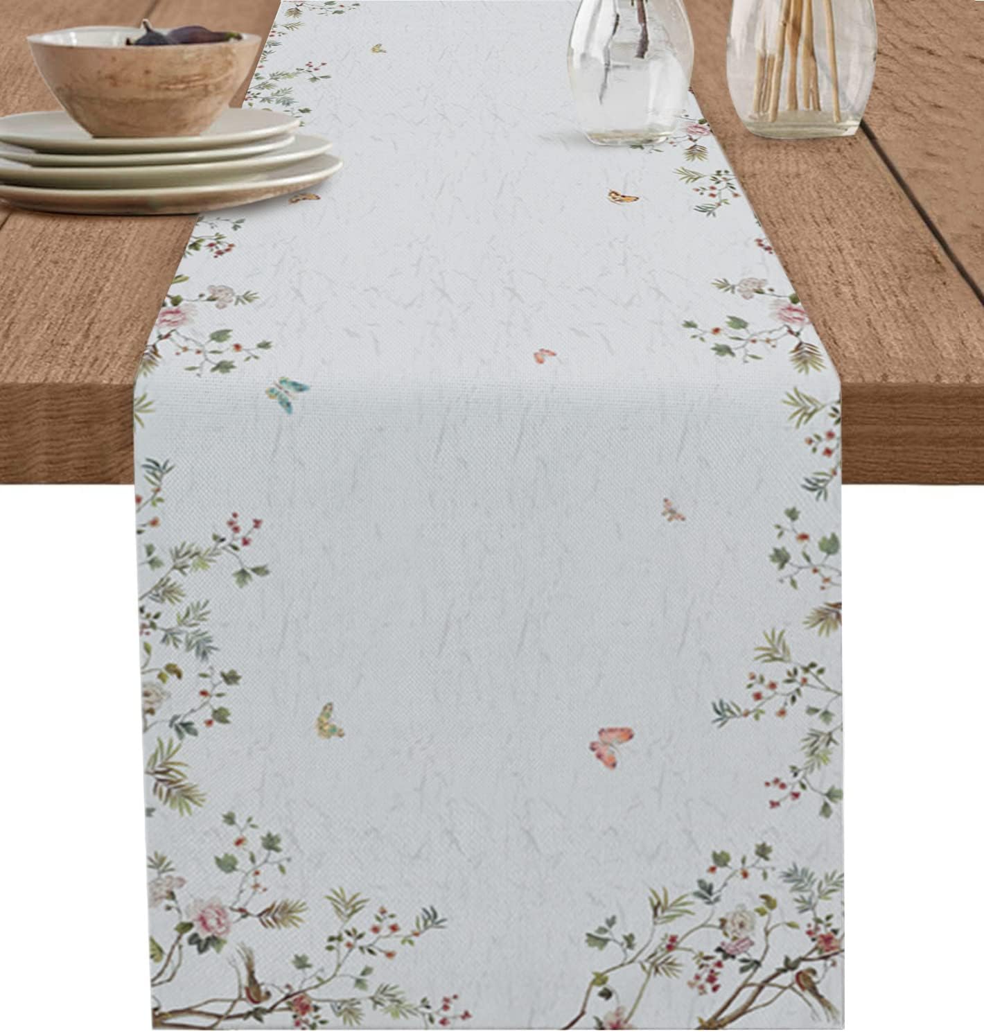 Table Runner 90 inches Long Spring Flowers Floral Butterfly Tree Leaves ...