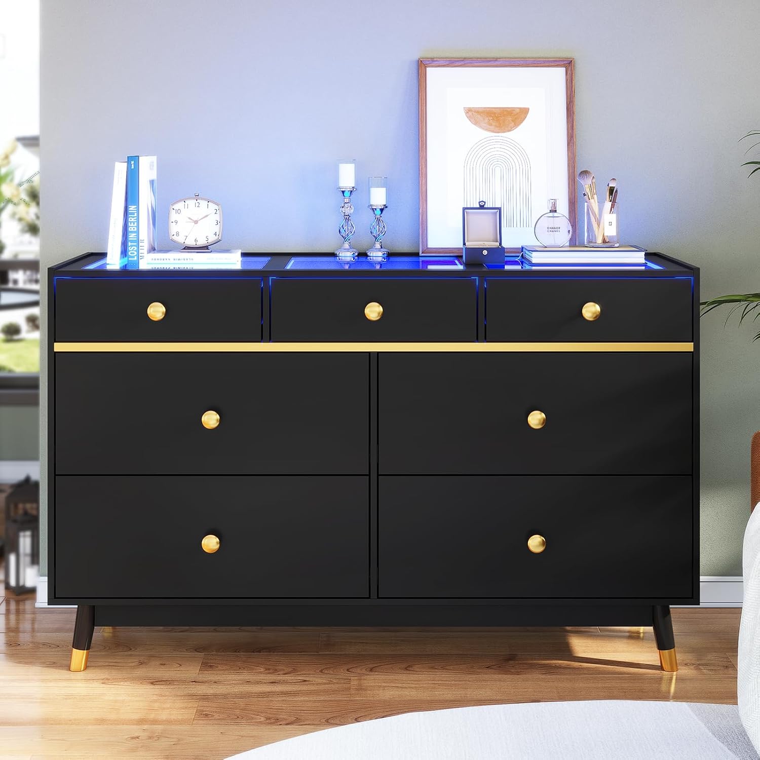 Cómoda negra con luces LED, cómoda doble de 7 cajones con parte ...