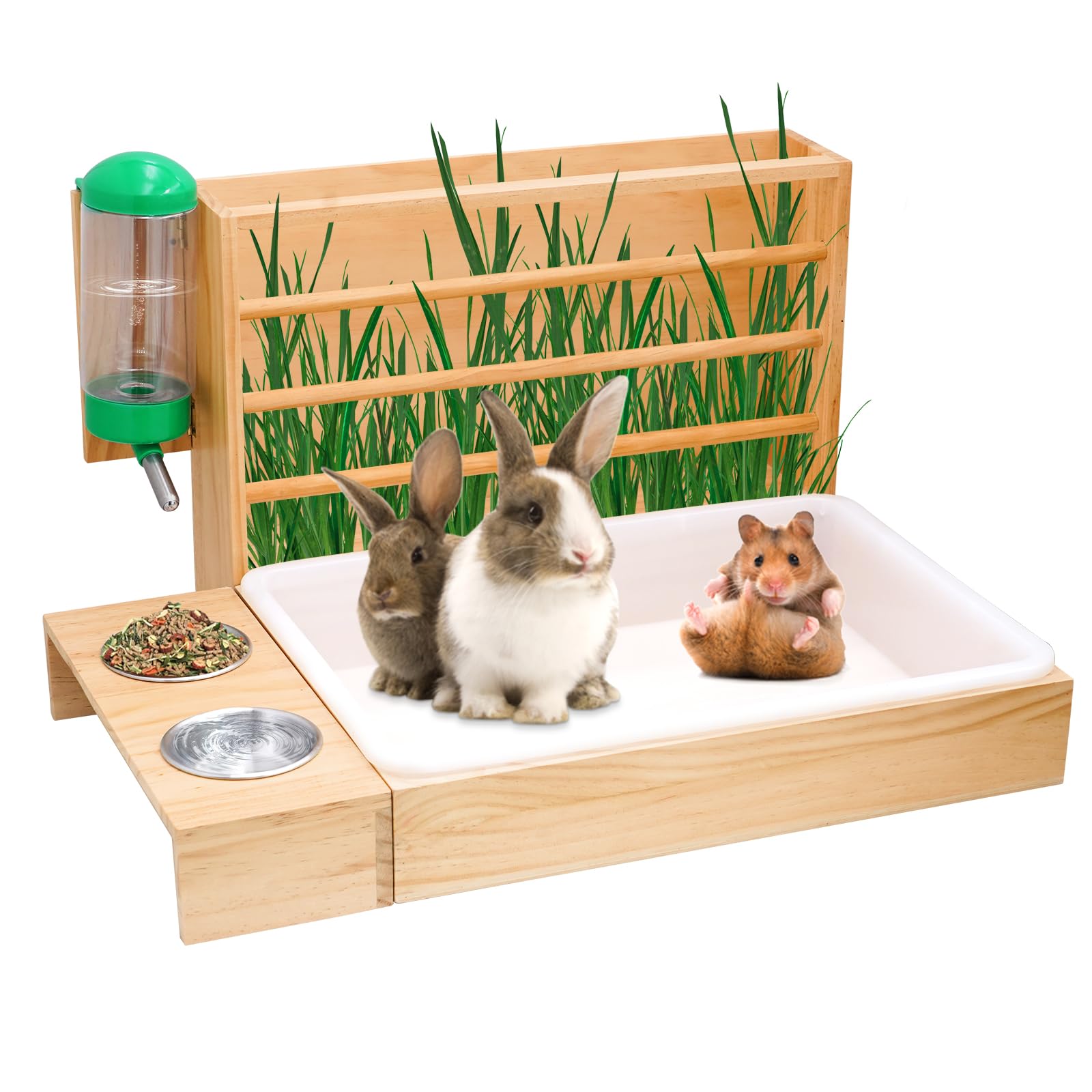 Amazon.com : Rabbit Hay Feeder with Litter Box and Bowls, 4 in 1 Wooden ...
