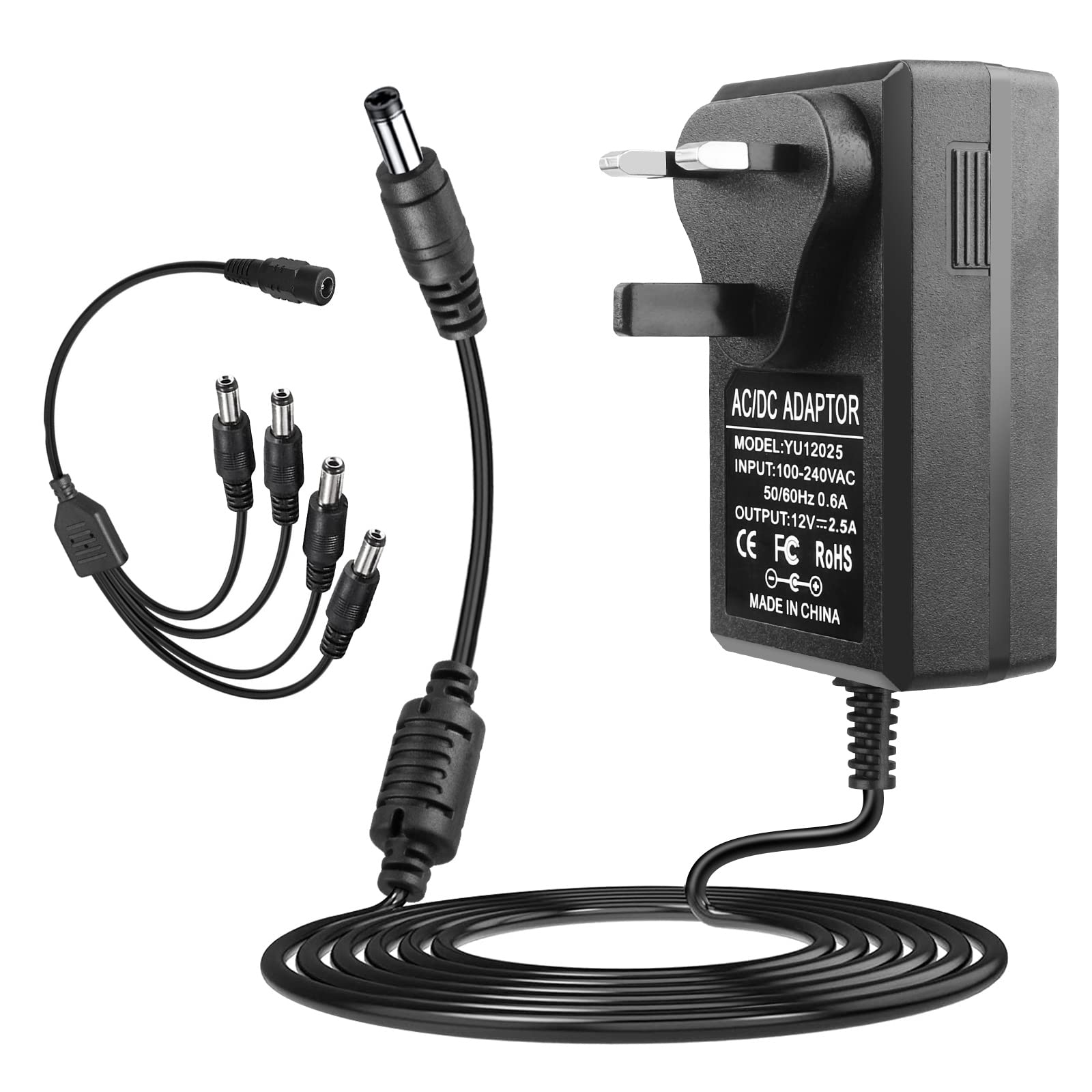 Buy 12V 2.5A Power Supply with 4 Way Splitter Cable AC 100-240V to 12 ...