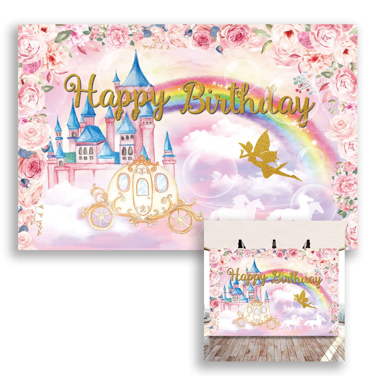 Princess Birthday Backdrop Royal Castle Birthday Backdrop Rainbow And ...