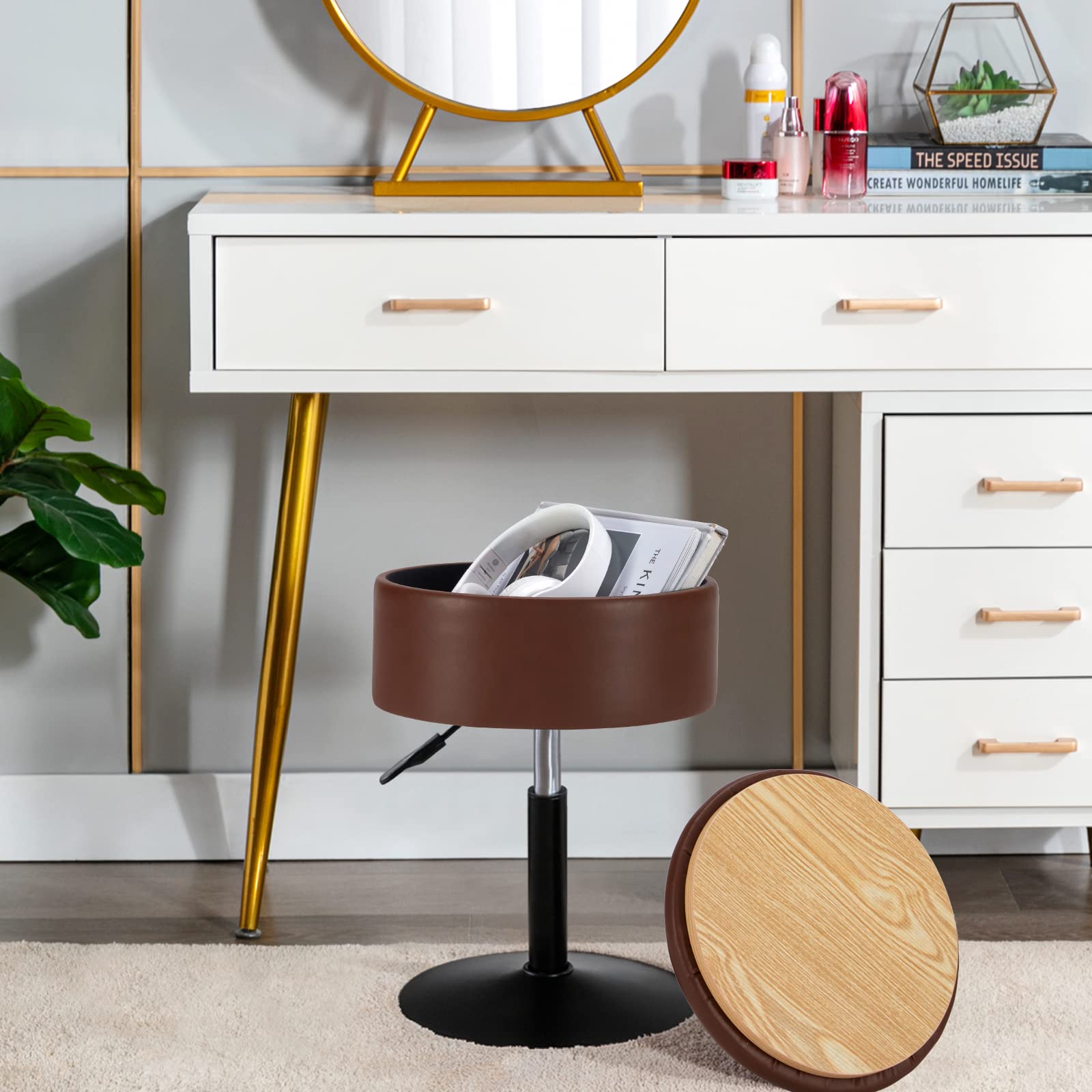Snapklik.com : Leather Storage Ottoman Vanity Stool, 18" To 23" Height ...