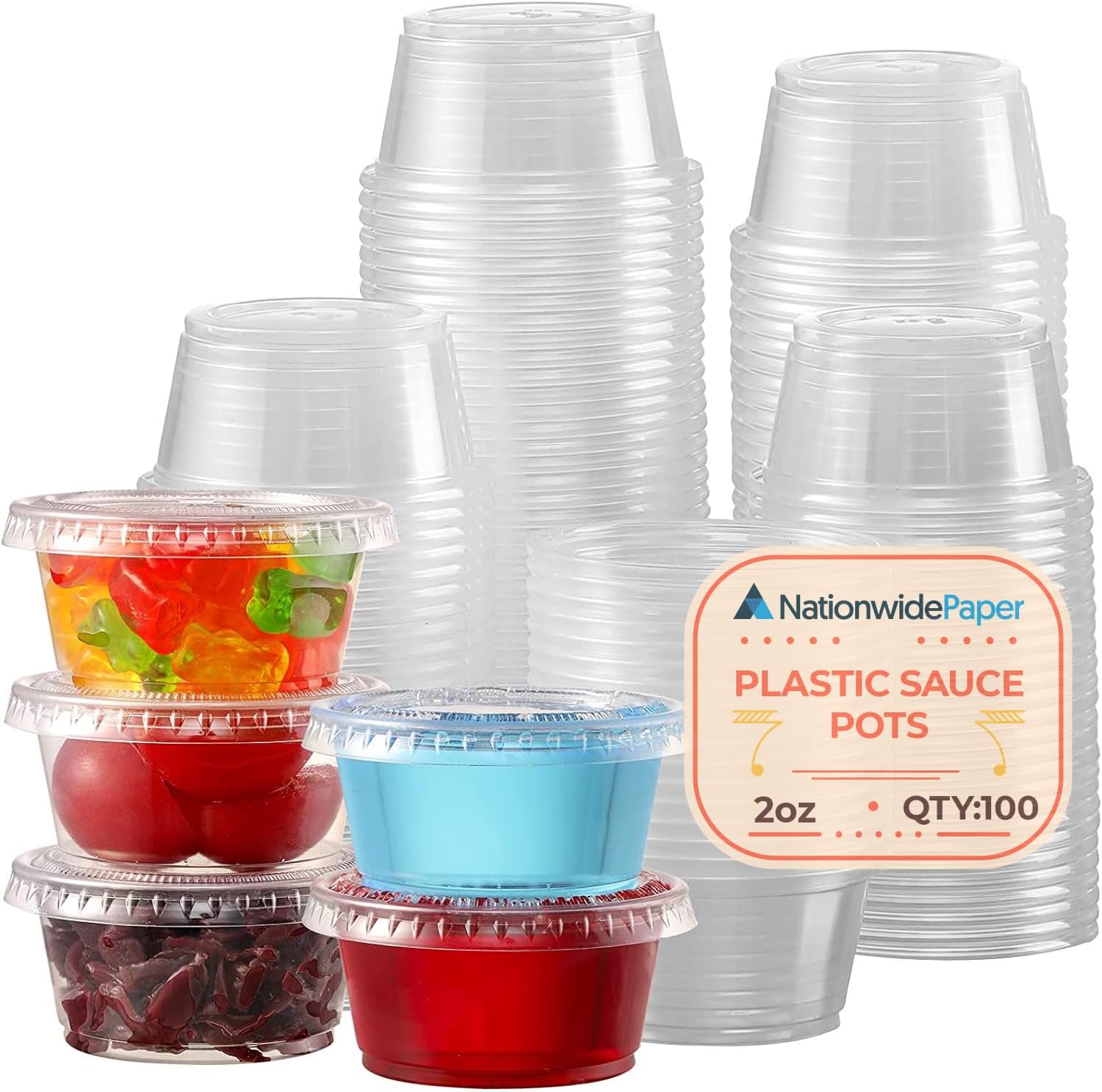 Nationwide Paper 2oz 100pcs Plastic Sauce Pots with Airtight lids Clear ...