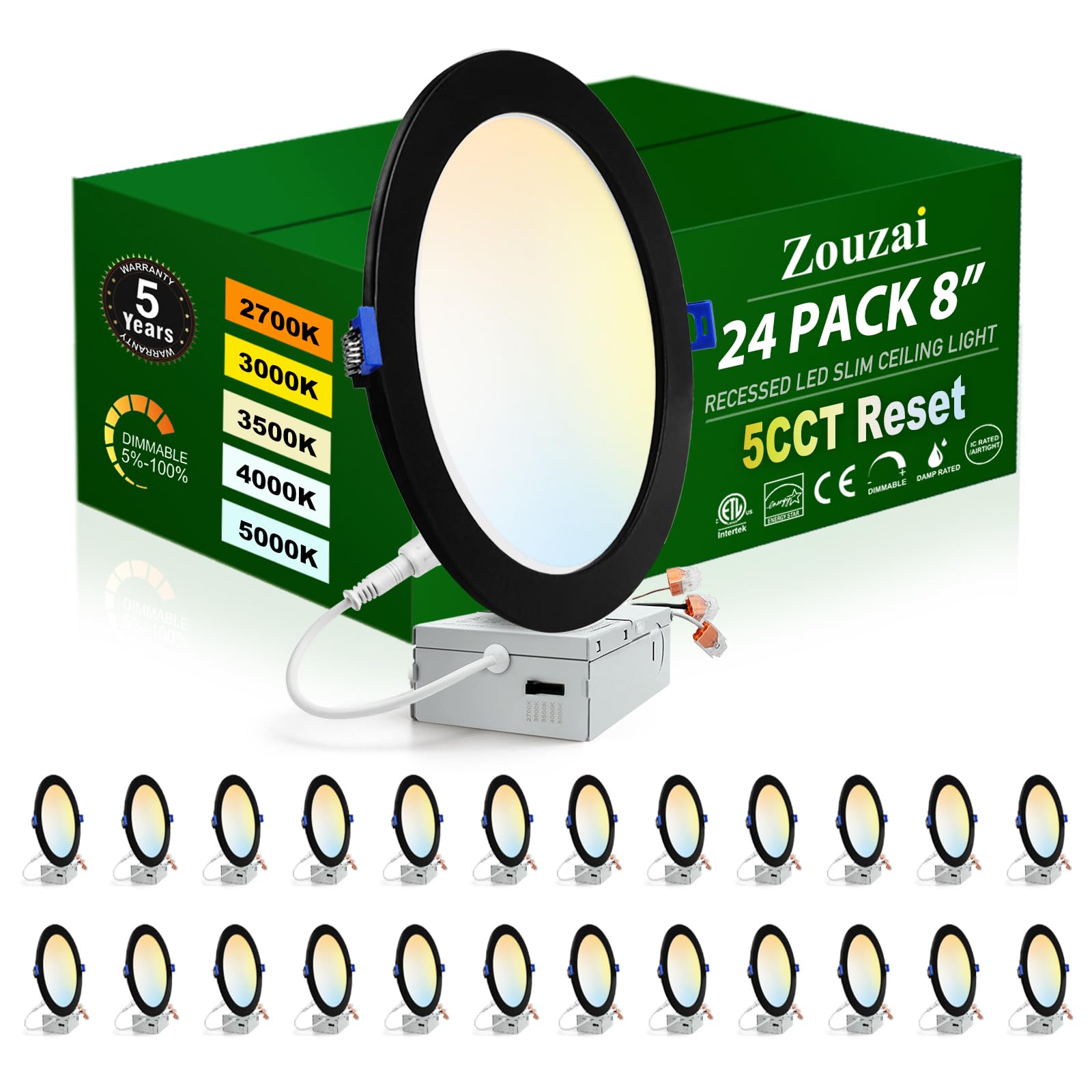 zouzai 24 Pack 8 inch Black 5CCT Reset LED Recessed Ceiling Light with ...