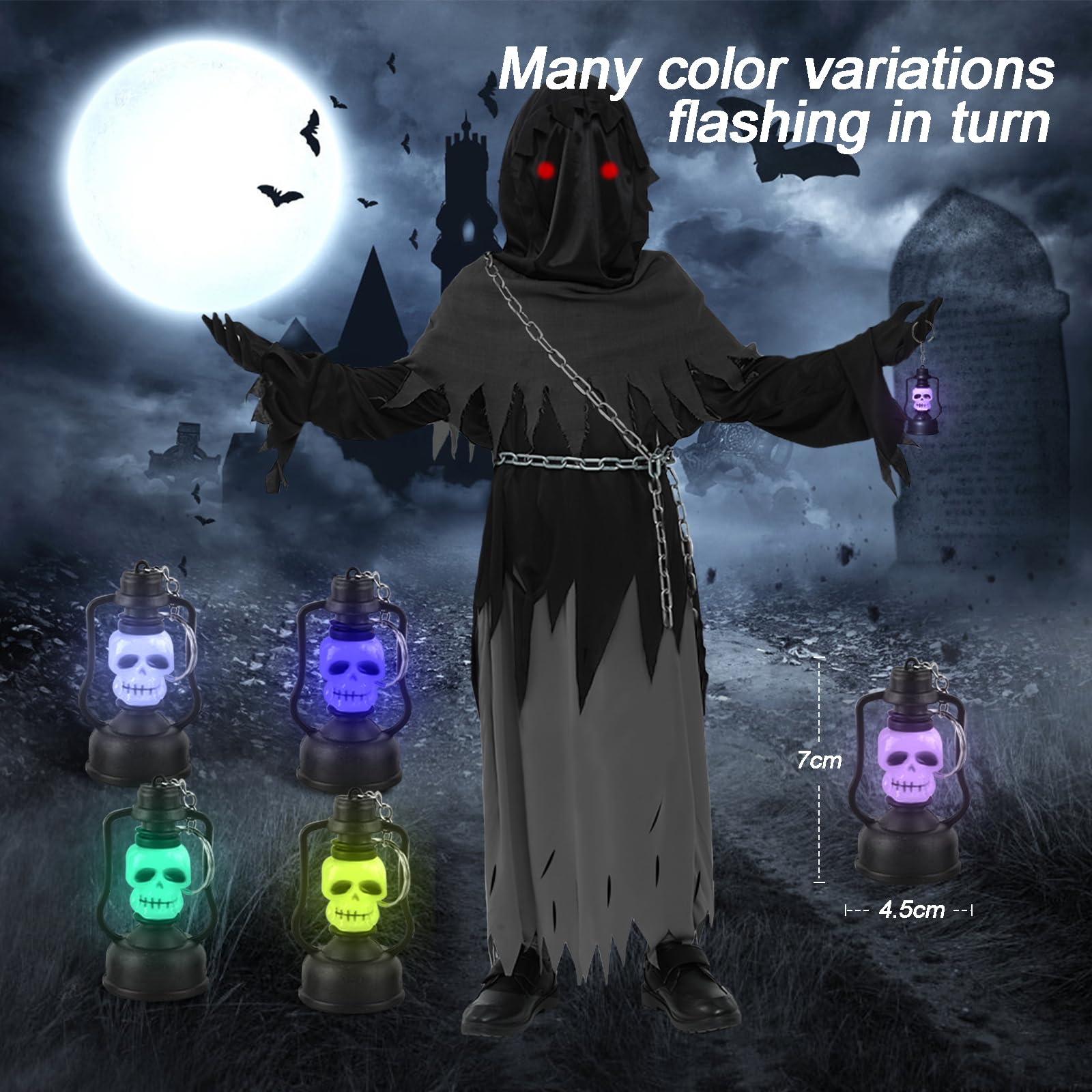 Halloween Grim Reaper Costume Kids Boys 5-6-7 with Scythe Glowing Eyes Mask Death Costume Kids ...