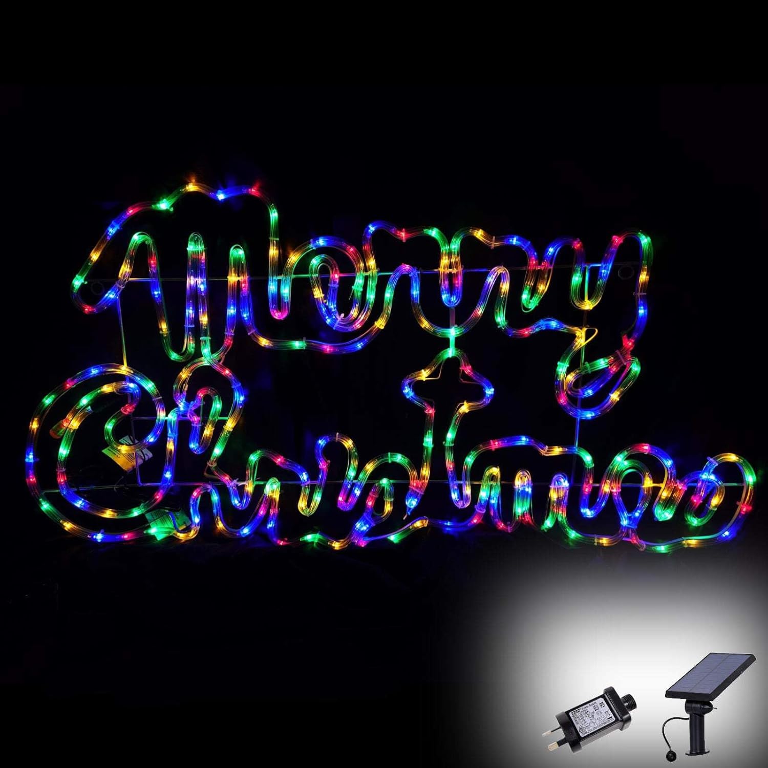 Dual Power Solar Plug Christmas LED Motif Merry Xmas 100x50cm Outdoor ...
