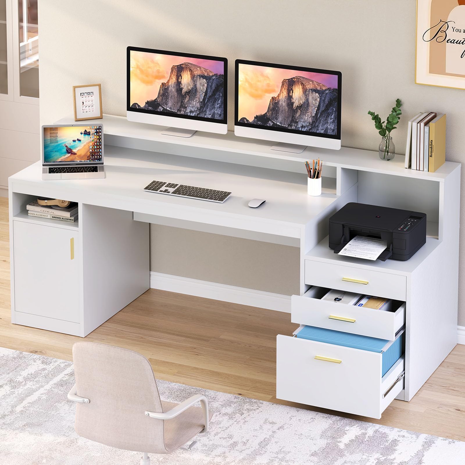 Amazon.com: MOUMON Double Office Desk with Drawers and Shelves, Home ...