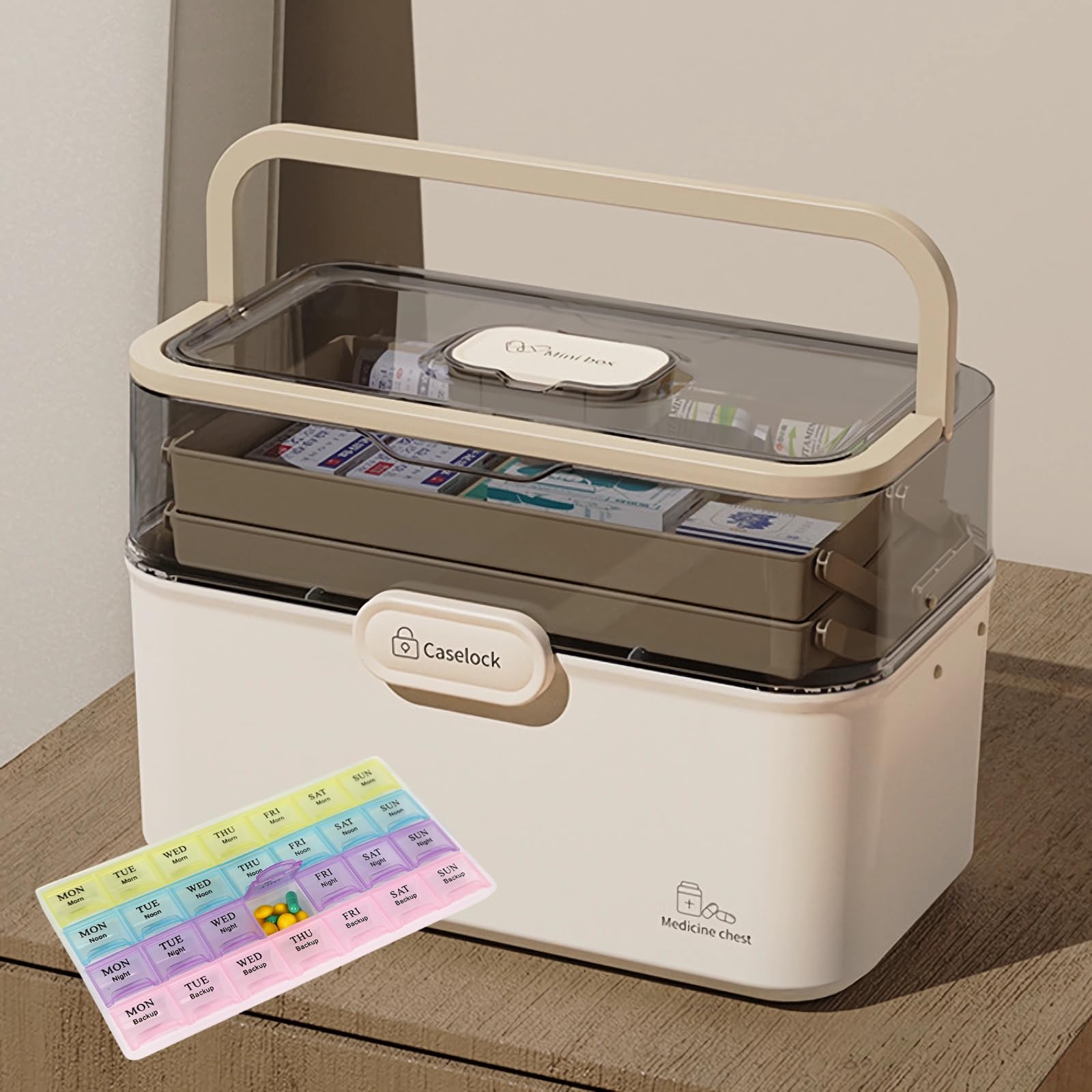 Household Medicine Cabinet/Box with 7 Day Large Pill Organizer (Three ...