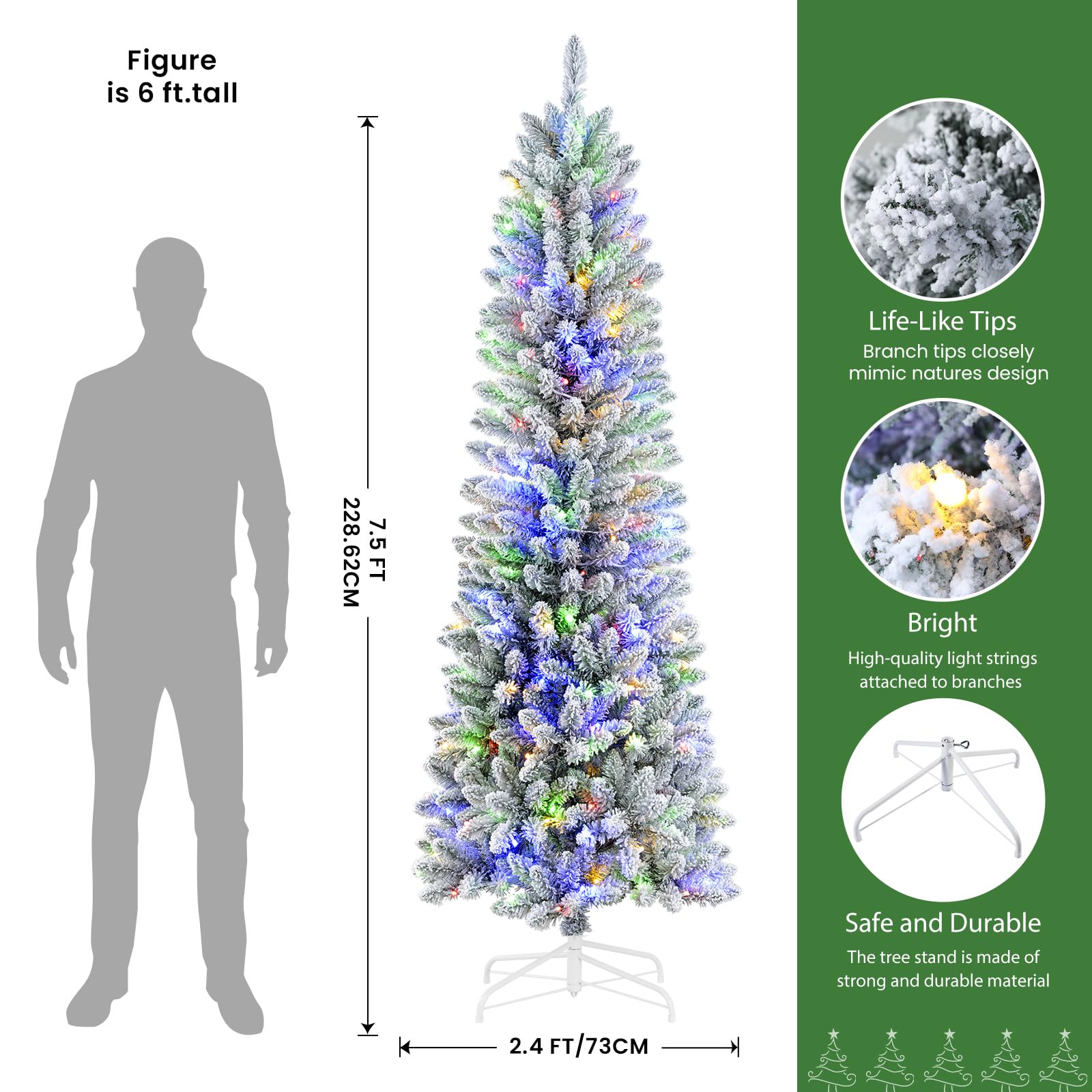 SHareconn 7.5ft Prelit Artificial Snow Flocked Pencil Christmas Tree ...