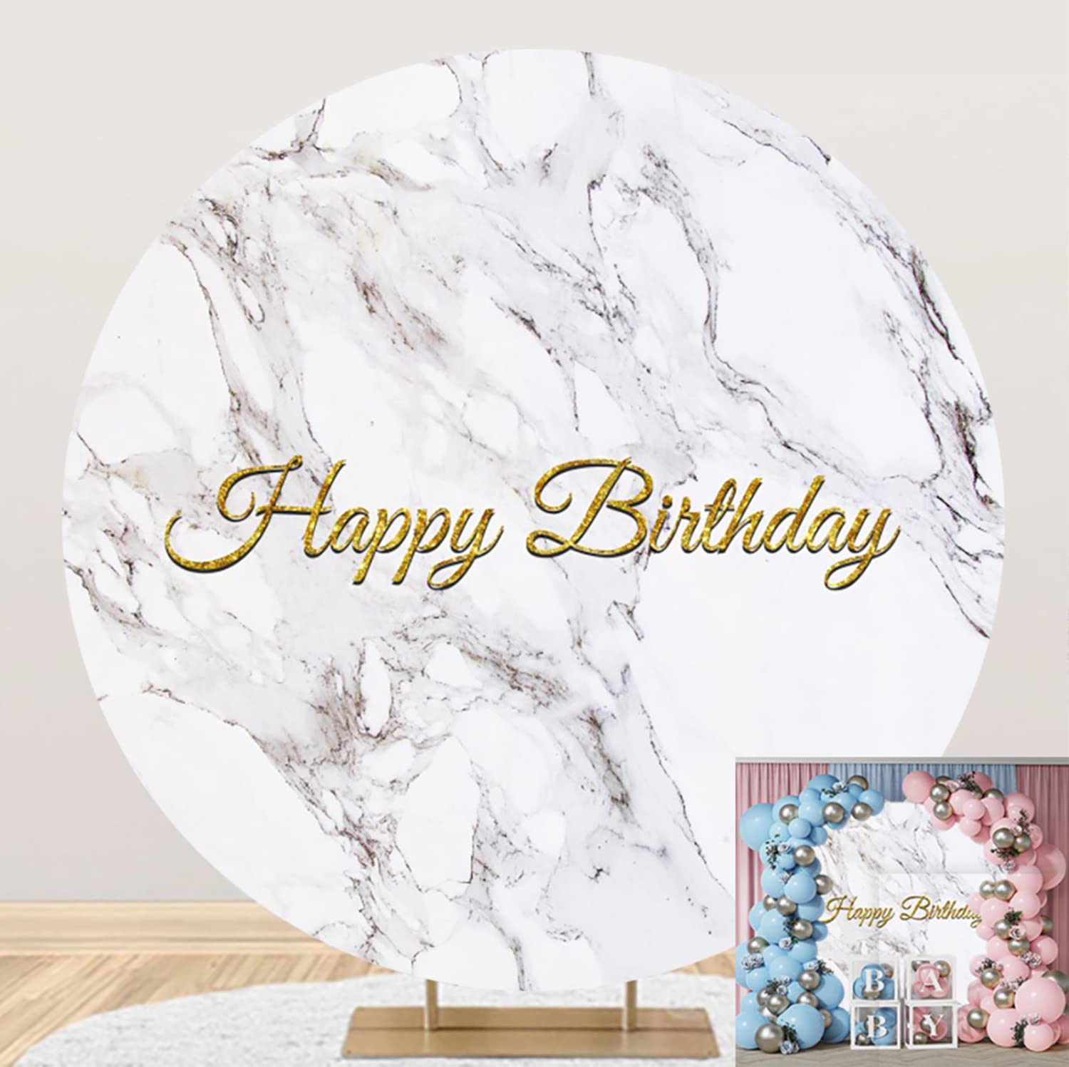 Marble Happy Birthday Backdrop Round White Grey Gold Marble Background ...