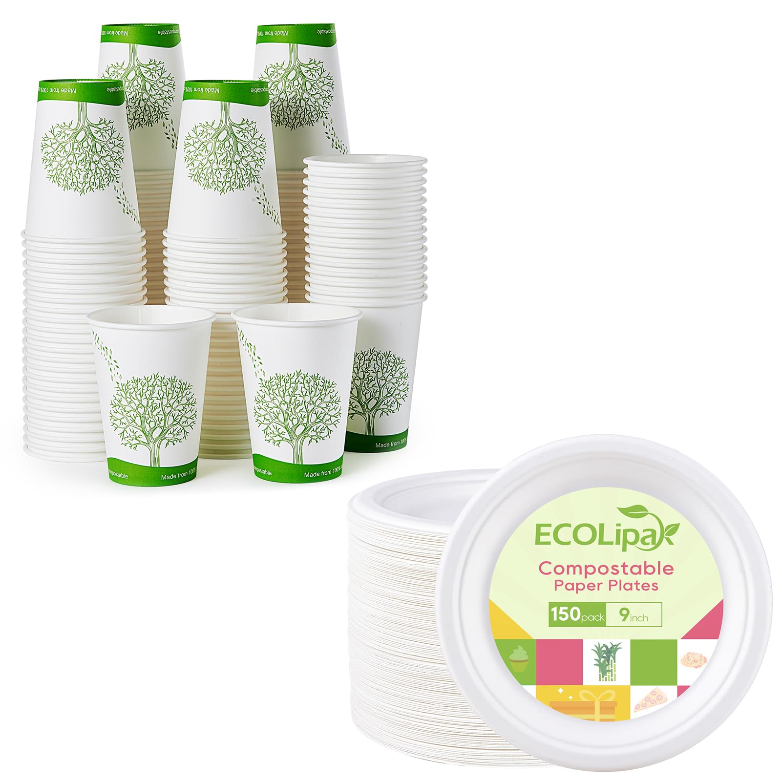 Amazon.com: ECOLipak 240 Pack 12 oz Compostable Paper Cups and 150 Pack ...