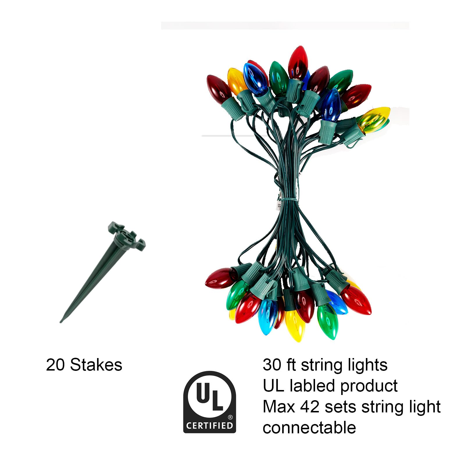 NIOSTA 30 Ft Christmas Pathway String Lights, 20 Multicolor LED Bulbs ...
