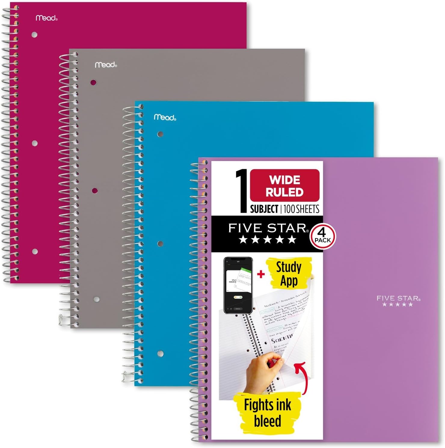 Amazon.com : Five Star Spiral Notebook + Study App, 3 Subject, Wide ...