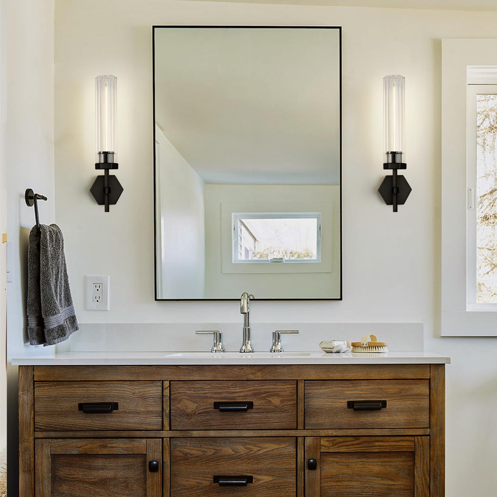 18.5" Crystal Wall Sconces, Black Sconces Wall Lighting Modern Hexagonal Vanity Lights Bathroom ...