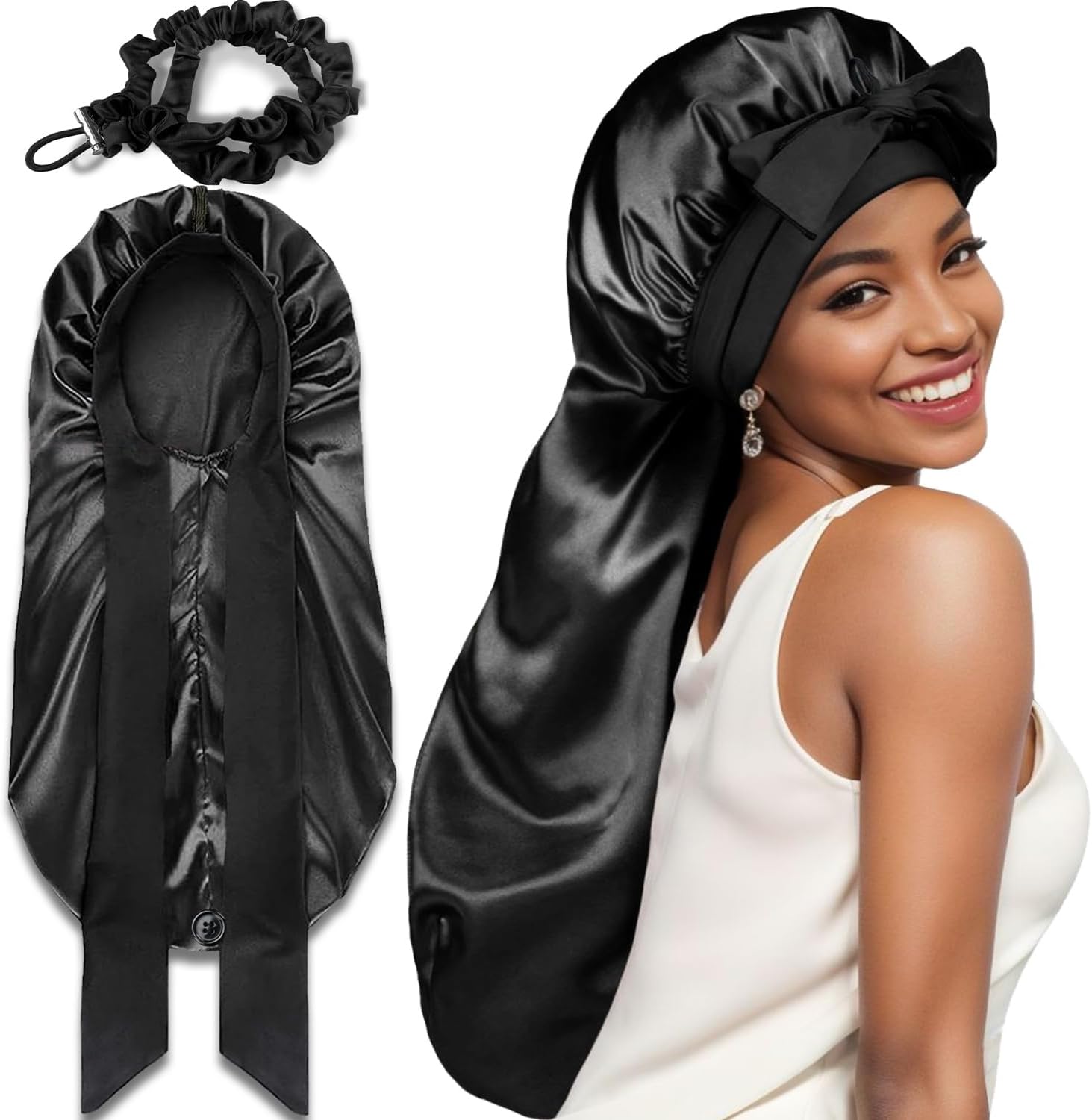 Amazon.com : Long Silk Bonnet for Sleeping, Satin Bonnet with Tie Band ...
