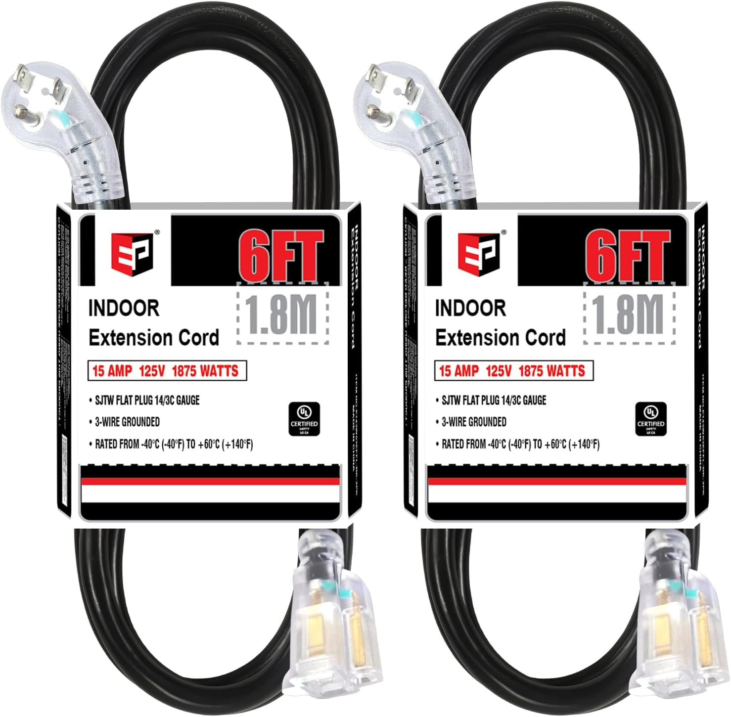 EP 2 Pack 6 Ft Flat Plug Lighted Extension Cord, 14 AWG 3 Prong ...