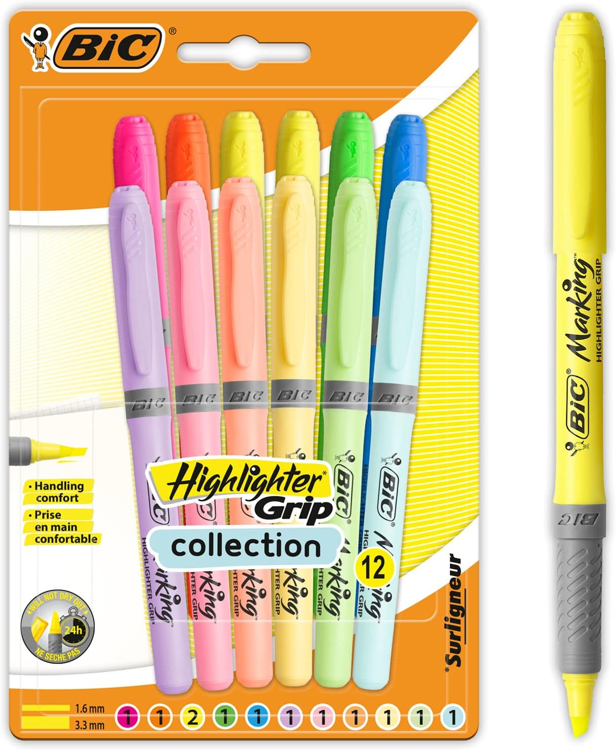 BIC Highlighter Grip, Ribbed Rubber Grip for Extra Comfort, Water-Based ...
