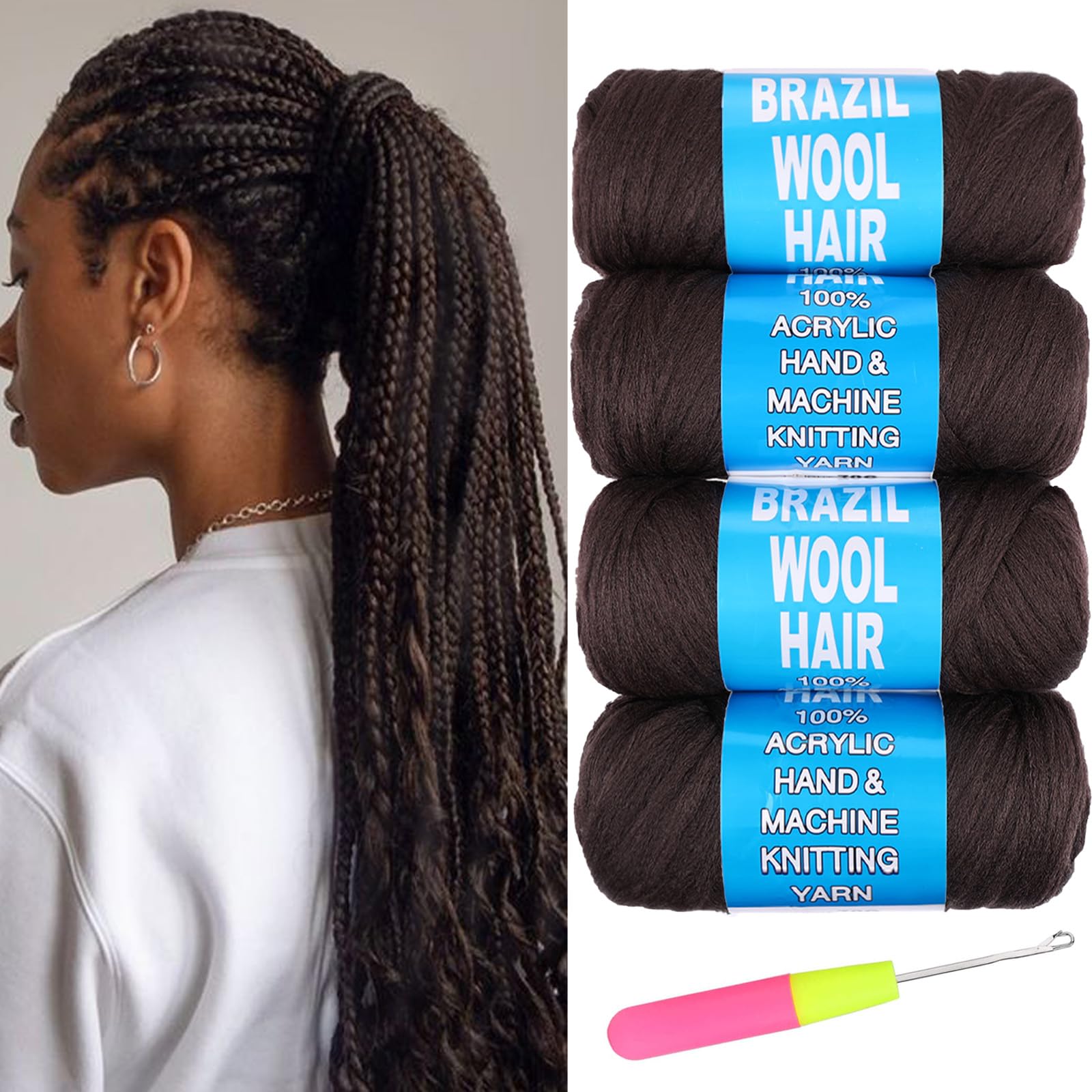 Samtress 4 Roll Dark Brown Brazilian Wool Hair Acrylic Yarn for African ...