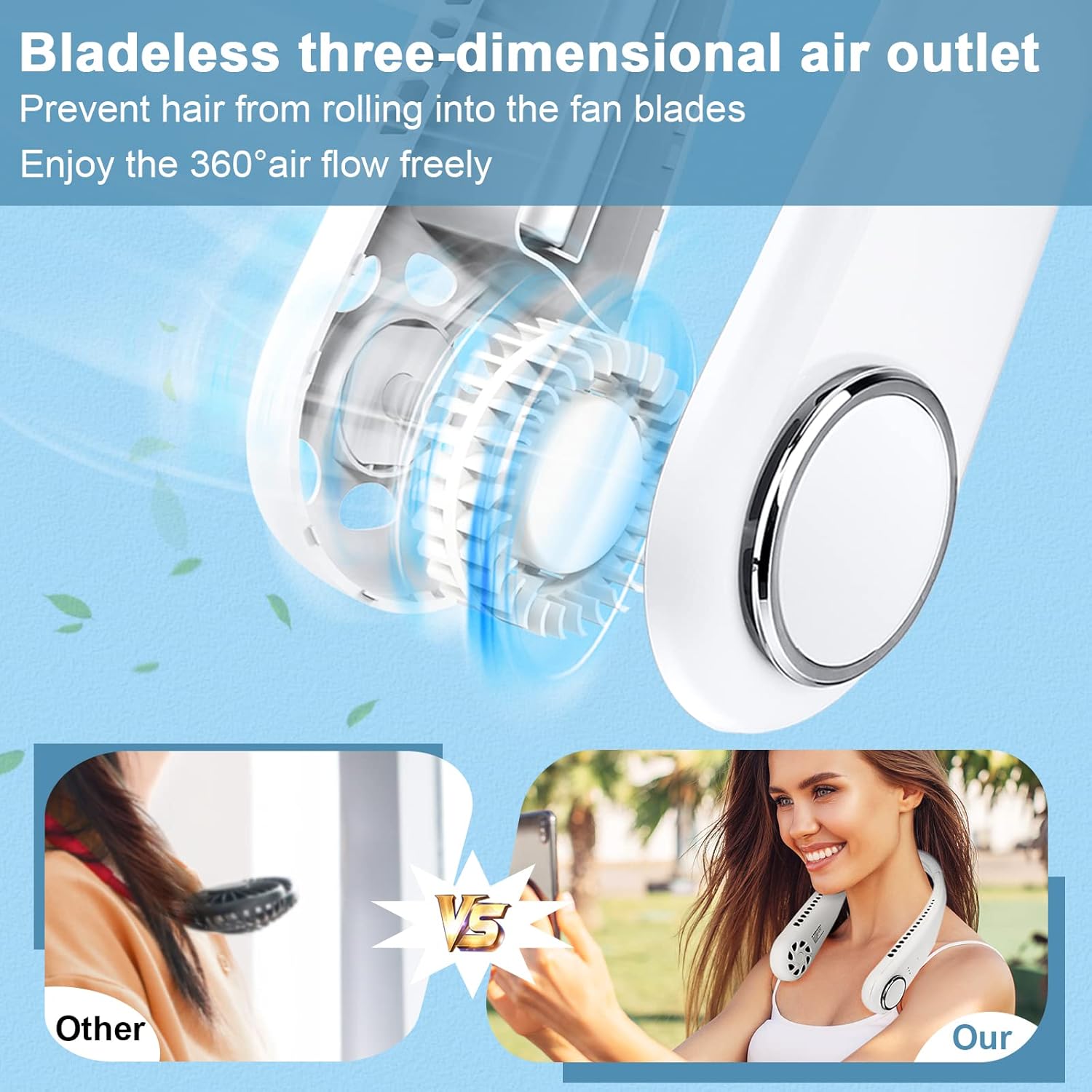 akface Hanging Neck Fan Bladeless, Hands Free Portable Neck Fan, 3 Speeds Personal Wearable ...