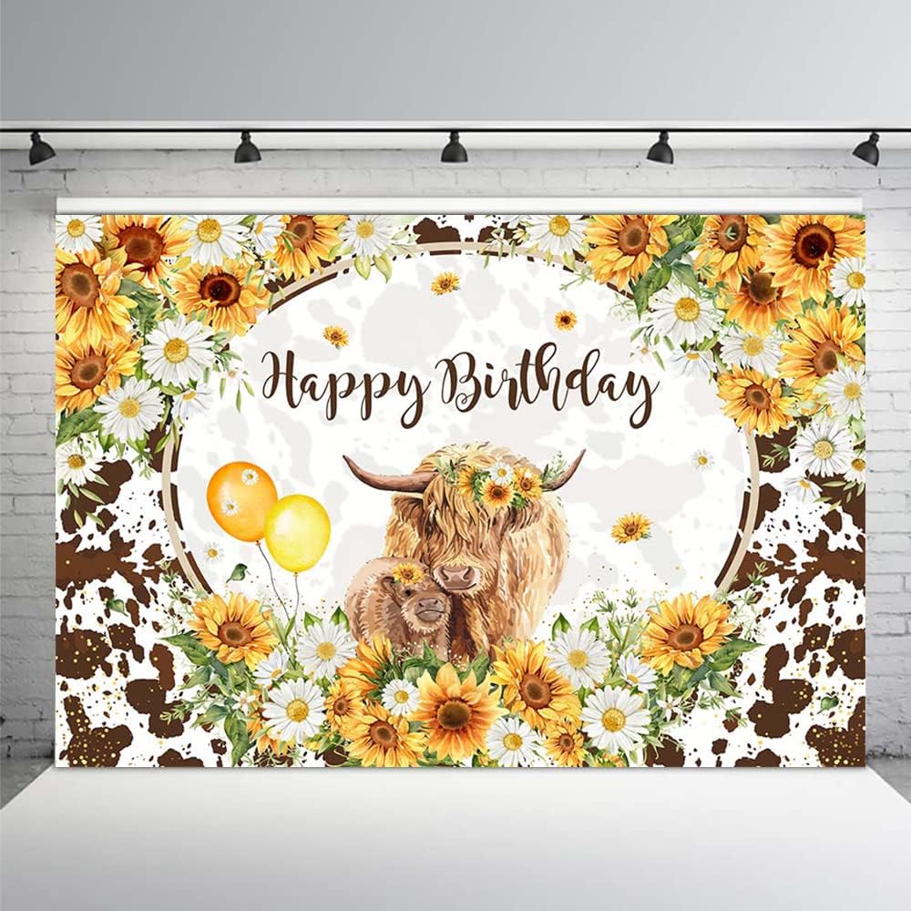 Amazon.com : MEHOFOND 7x5ft Highland Cows Floral Birthday Backdrop ...